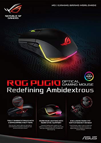 ASUS Optical Gaming Mouse - ROG Pugio | Ergonomic & Truly Ambidextrous PC Gaming Mouse | Configurable & Swappable Side Buttons | 7200 DPI Optical Sensor | Aura Sync RGB, ROG Armoury II