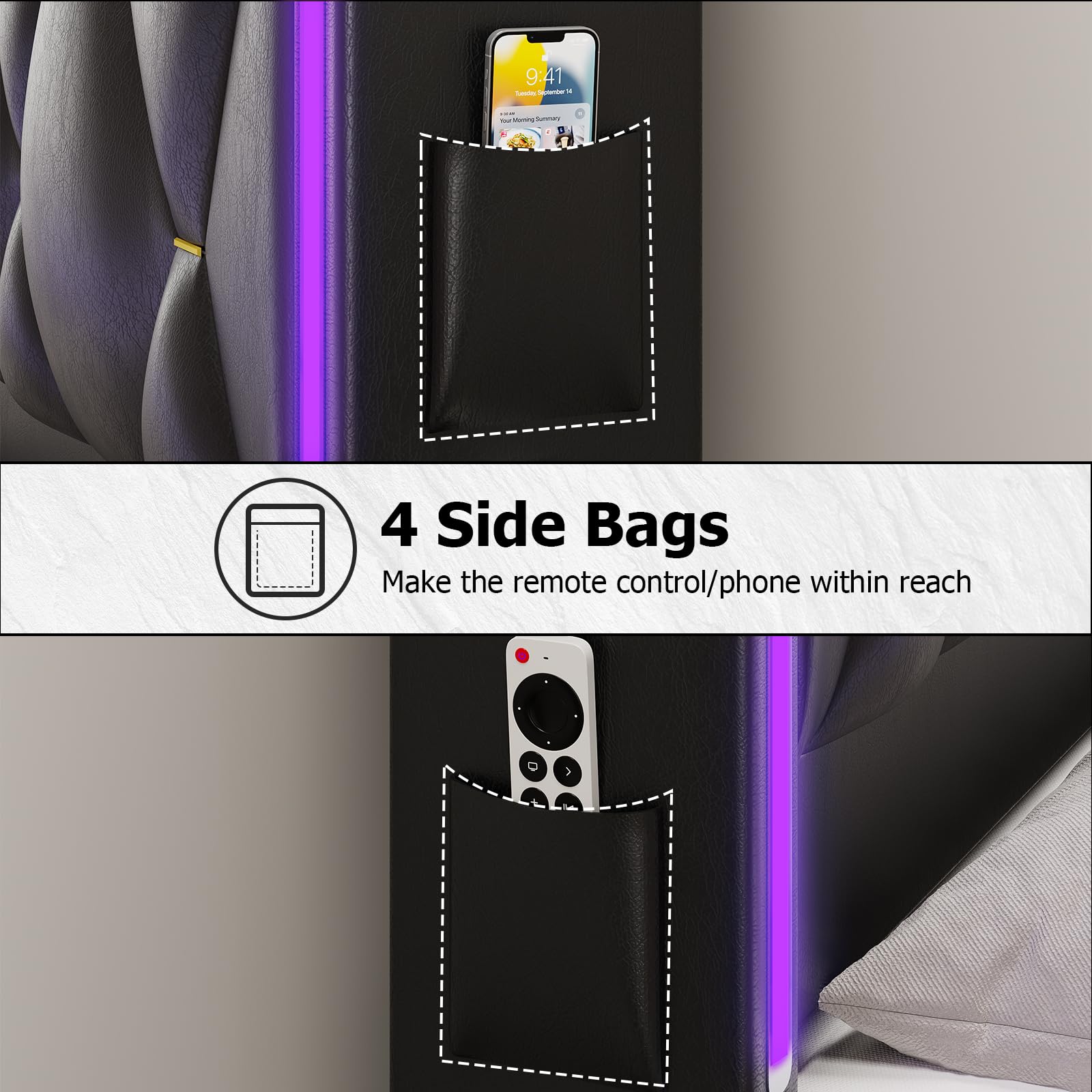 BYSAUD Floating Bed Frame with RGB Light,Hidden Storage Space in The headboard,Floating Bed with Charging Station Including 2 Standard sockets, PU Leather (King)