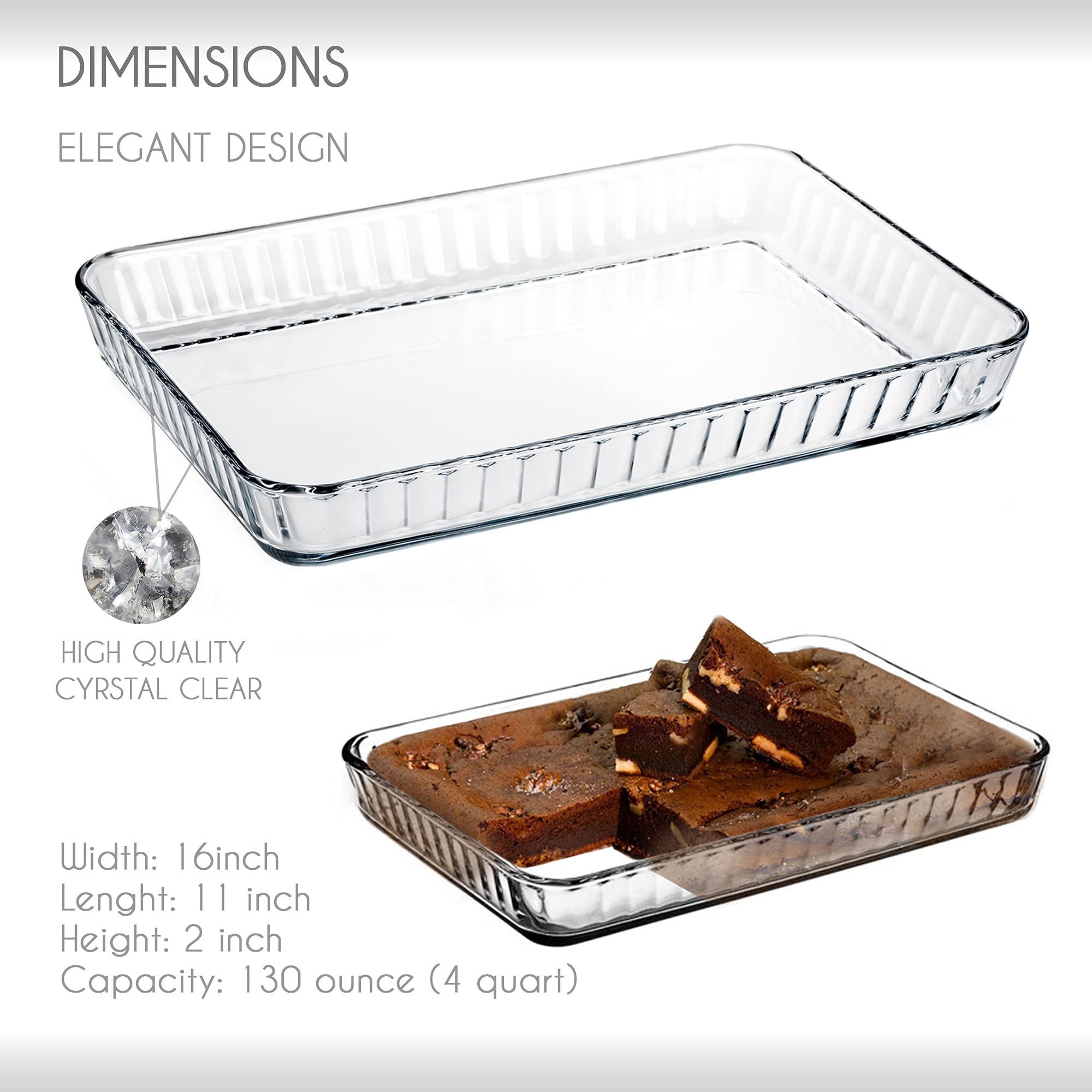 Borosilicate Glass Baking Dish for Oven, Casserole Dish, Heat Resistant Glass Ovenware, 16 in x 11 in Rectangular Baking Tray, 2 inches Height and 4-Quart Capacity Glass Cookware