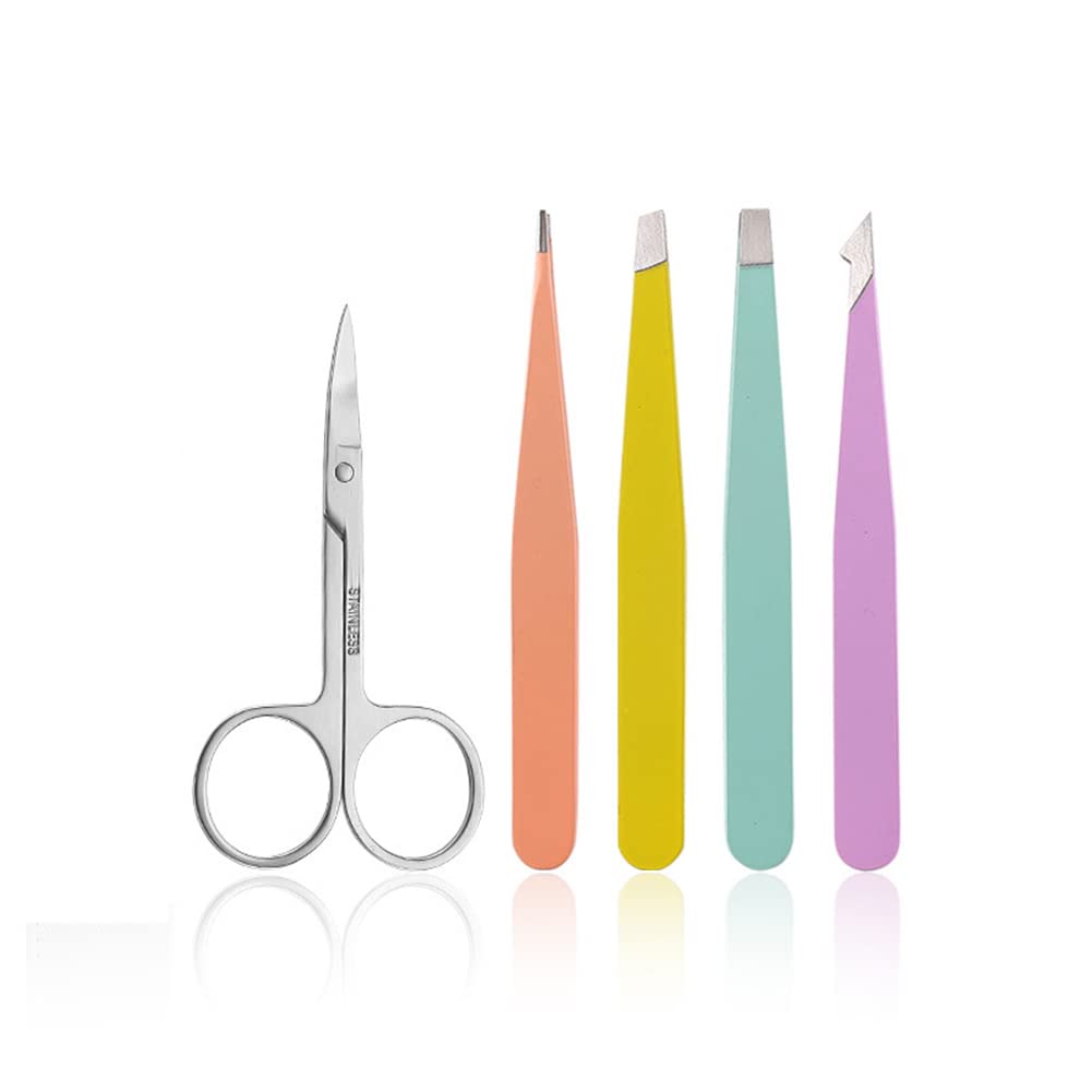 Curved Eyelash Scissors Small Mini Eyebrow Scissors for Women Eyebrow Grooming Kit Tweezers Set Stainless Steel Facial Hair Eyebrow Remover Tools for Women Girls (Set of 5pcs)