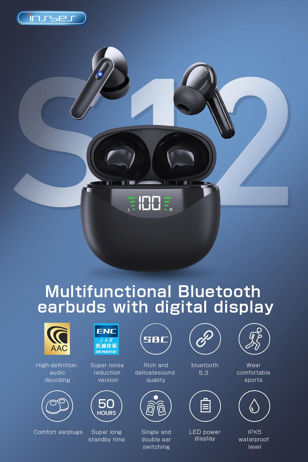 Bluetooth Earbuds Wireless Headphones, 50H Deep Bass Ear Buds with 4 Noise Cancelling Microphone, IPX5 Waterproof Earphones for iPhone Android Sports Gaming School audifonos bluetooth inalambricos