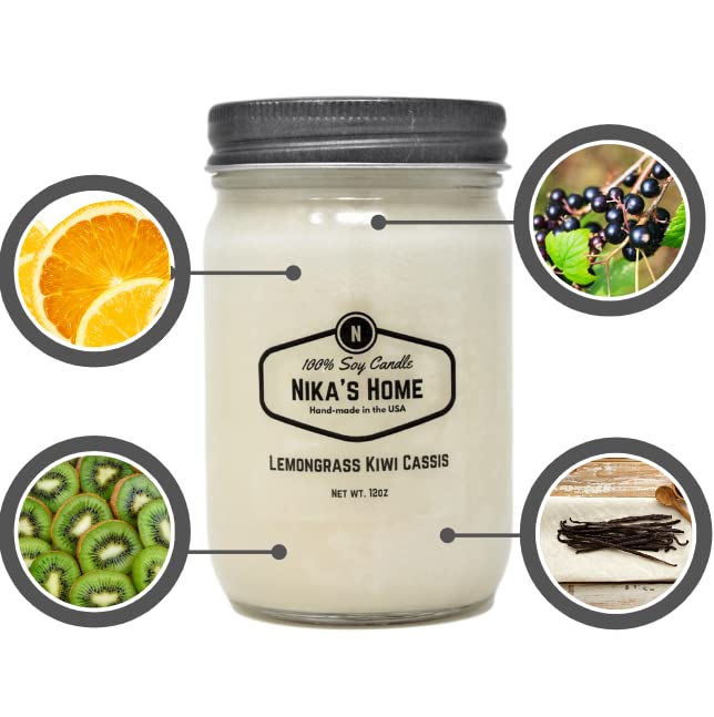 Nika's Home Lemongrass Kiwi Cassis Soy Candle 12oz Mason Jar Non-Toxic White Soy Candle-Hand Poured Handmade, Long Burning 50-60 Hours Highly Scented All Natural, Clean Burning Gift Décor