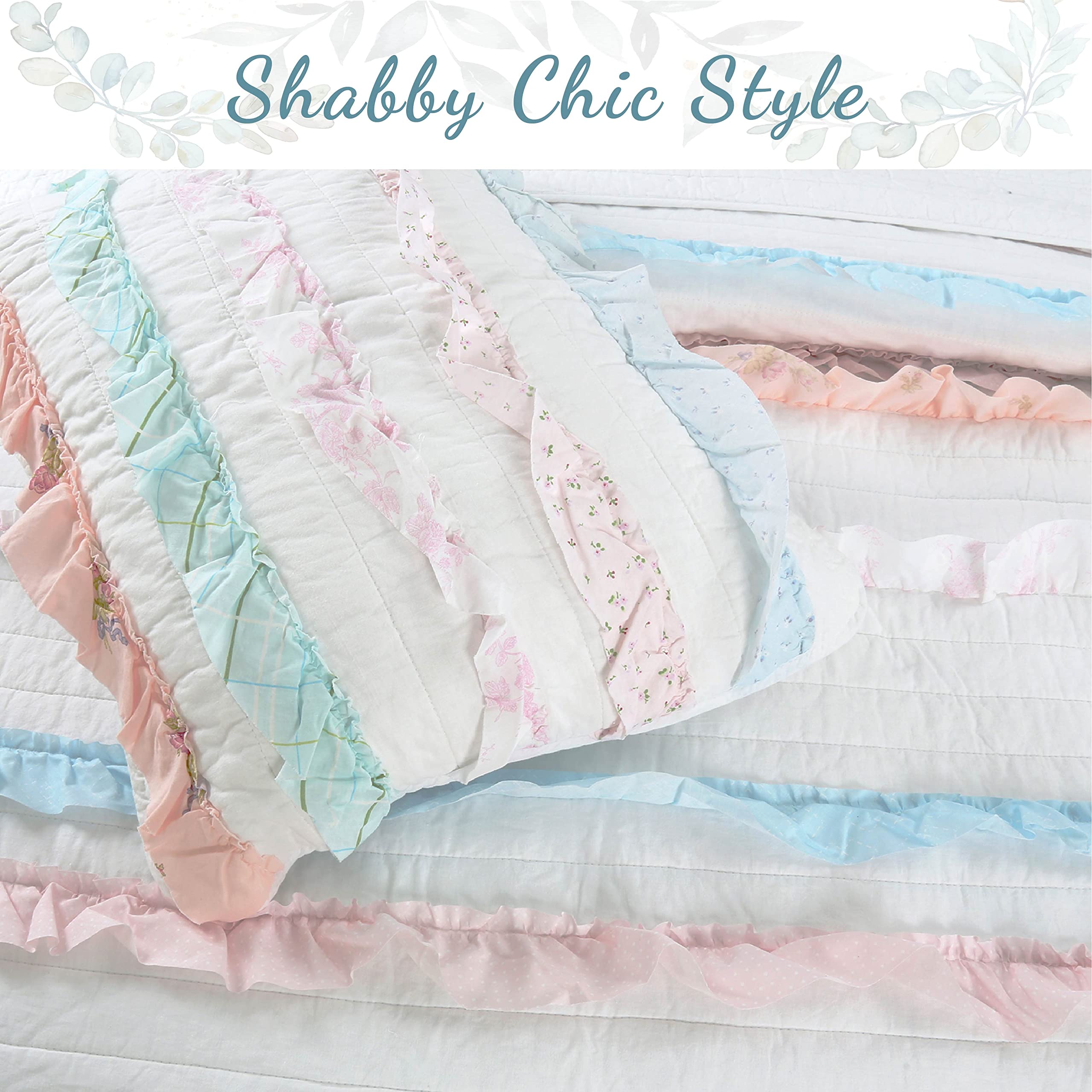 Cozy Line Home Fashions Light Pink Blue Coral White Ruffle 100% Cotton Reversible Girl Quilt Bedding Set, Reversible Coverlet Bedspread (Shabby Chic, Queen - 3 Piece)