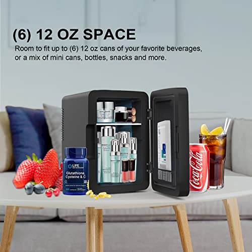 Living Enrichment Mini Fridge 6L Capacity, Portable Small Refrigerator Cooler or Warmer, AC DC Powered, Skincare Fridge with Mirror Door, for Food, Cosmetics, Home, Office and Car - Black