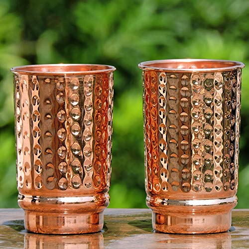 Hammered Pure Copper Tumblers Set of 2, UNLINED, UNCOATED and LACQUER Free | 350 Ml. (11.8 US Fl Oz) Traveller's Copper Cups for Ayurveda Health Benefits