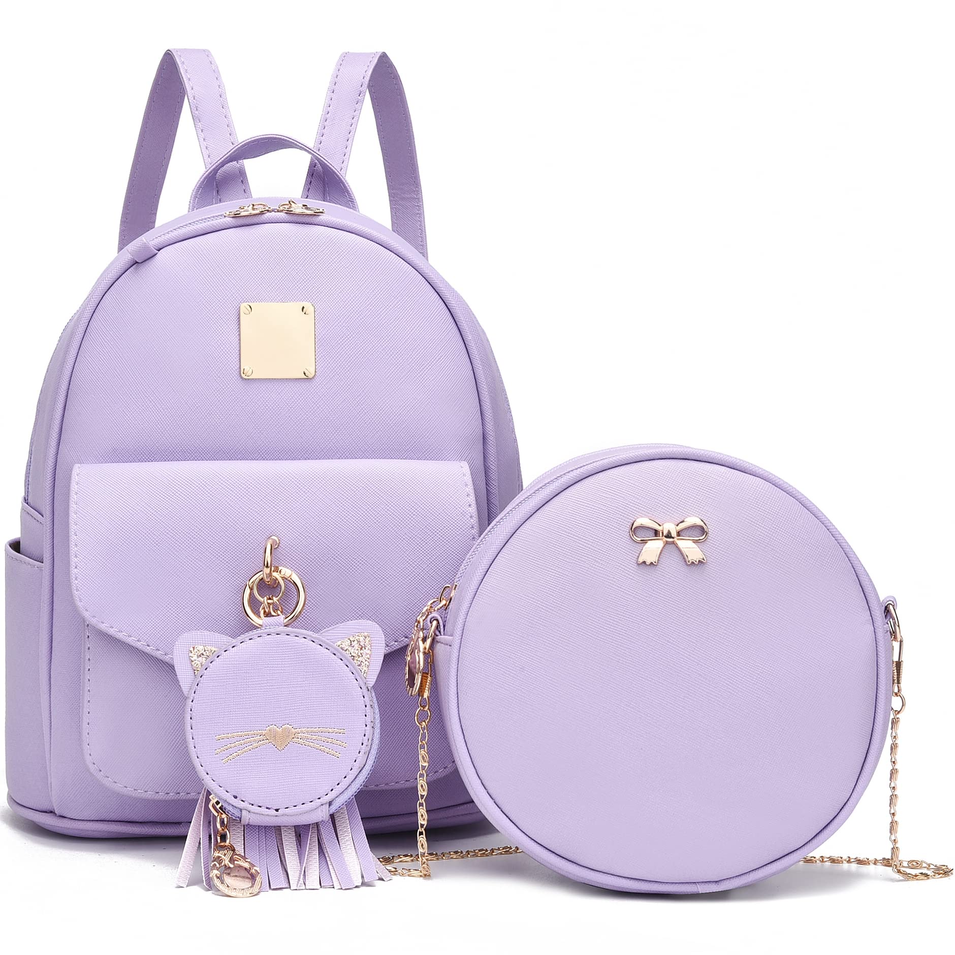 BESYIGA Women Cat Small Backpack 3PCS Leather Backpack Purse for Women Travel Satchel Little Backpack for Women Mini Backpack Purple