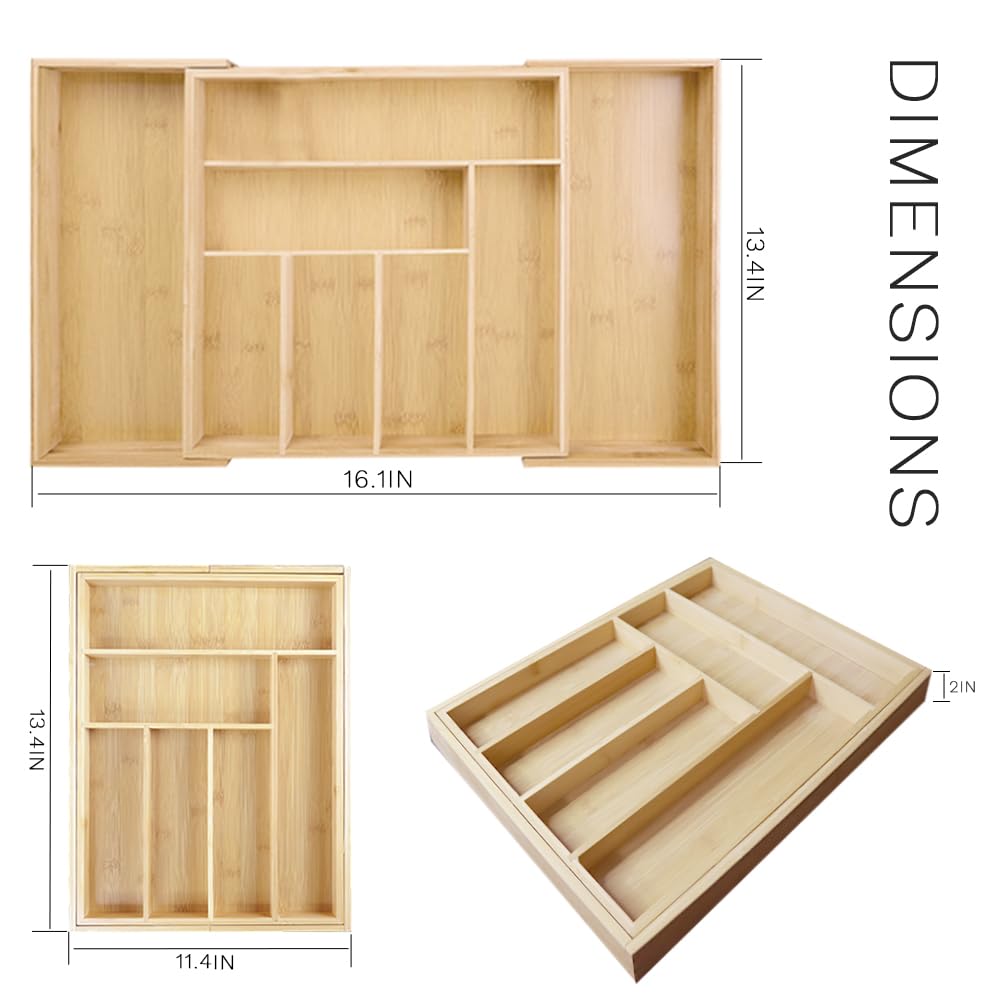 Bamboo Drawer Organizer for Utensils Holder,Silverware Organizer Kitchen Drawer Expandable Bamboo Cutlery Tray, Adjustable Wood Cutlery Tray in Drawer for Flatware and Silverware in Kitchen (yellow)