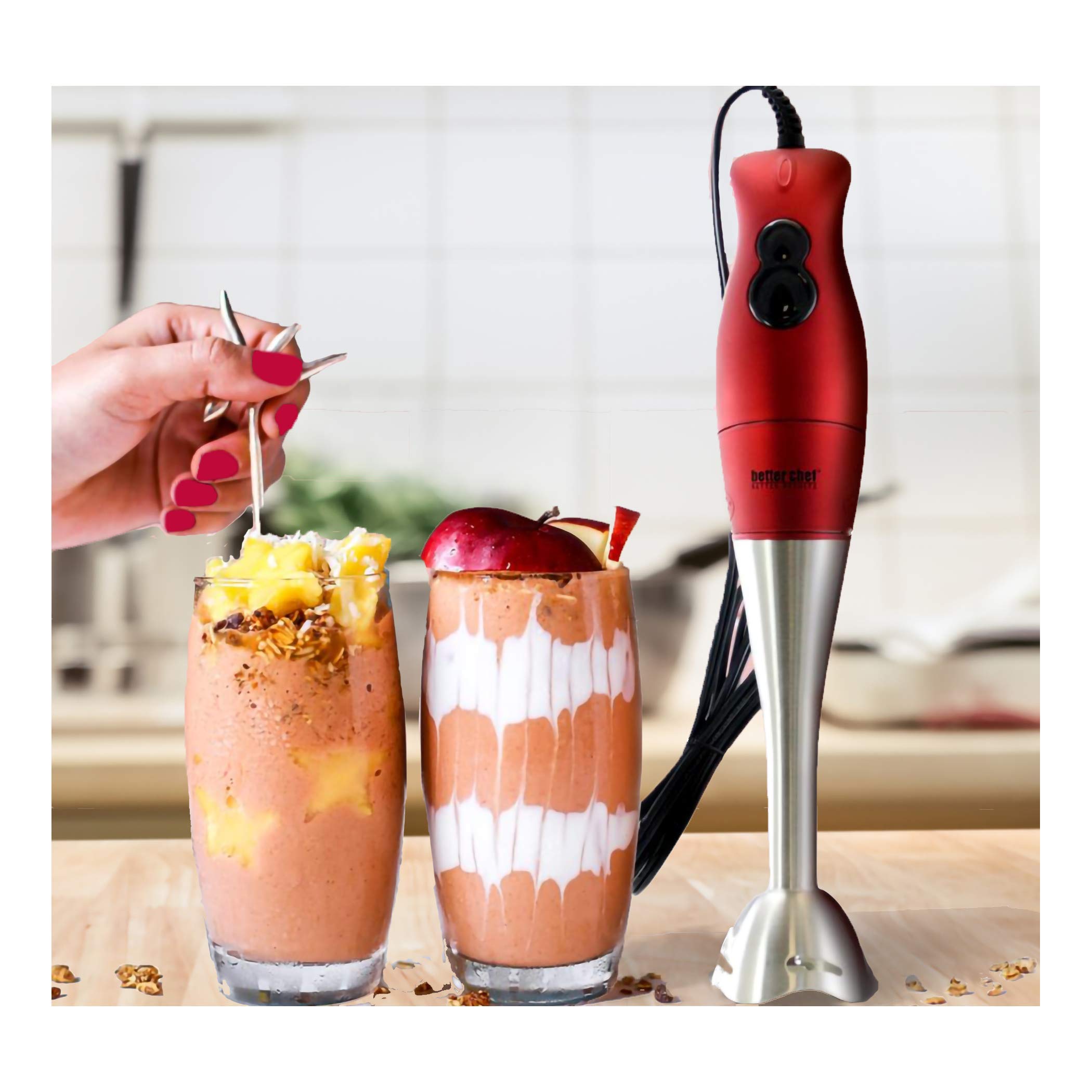Better Chef Immersion Blender with Whisk Attachment | 2-Speed 200-Watt Motor | Stainless Blending & Whisk Attachment | Rubberized Grip | Measuring Cup (Red)