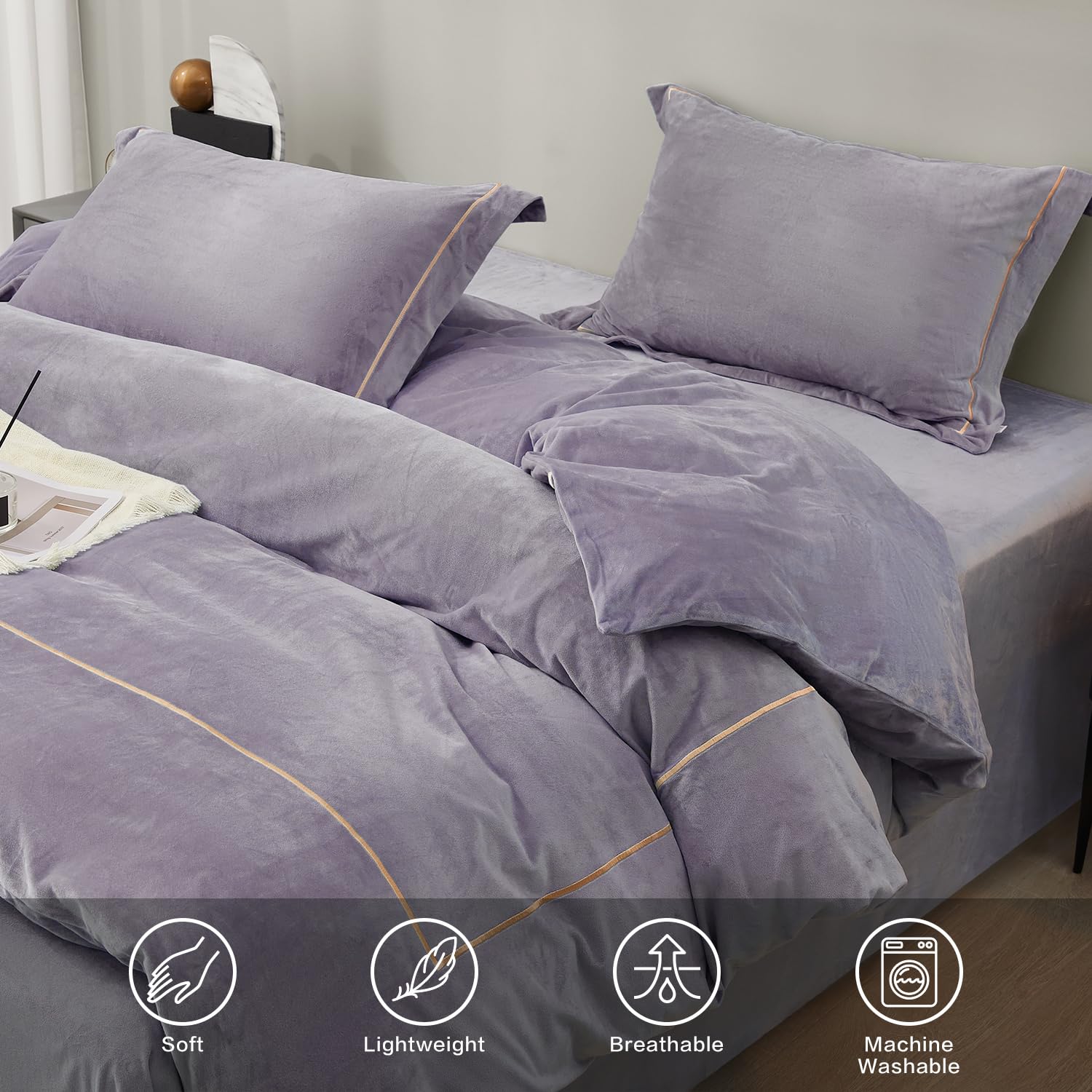 SAPHREAS Twin Size Warm Flannel Duvet Cover Set 3cps Winter Microfiber Grayish Lavender Fluffy Bedding Comforter Cover 68"x90" 1 Quilt Cover 2 Pillow Shams