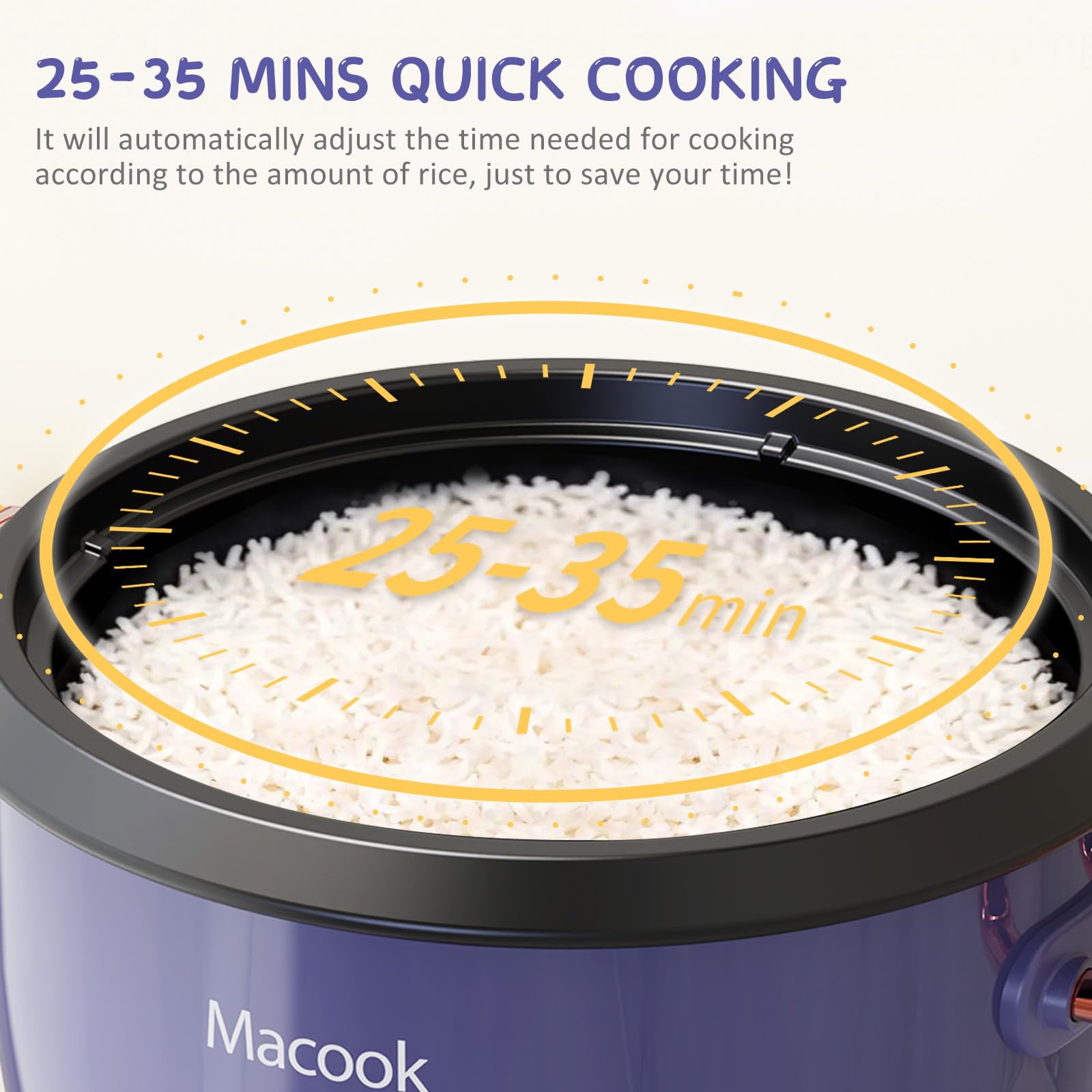 Macook Rice Cooker Small with Food Steamer, Rice Cooker 4 Cups Uncooked (8 Cups Cooked), 2.0L Portable Non-Stick Small Travel Rice Cooker, Two Cooking Mode Setting, Slow Cook Mode