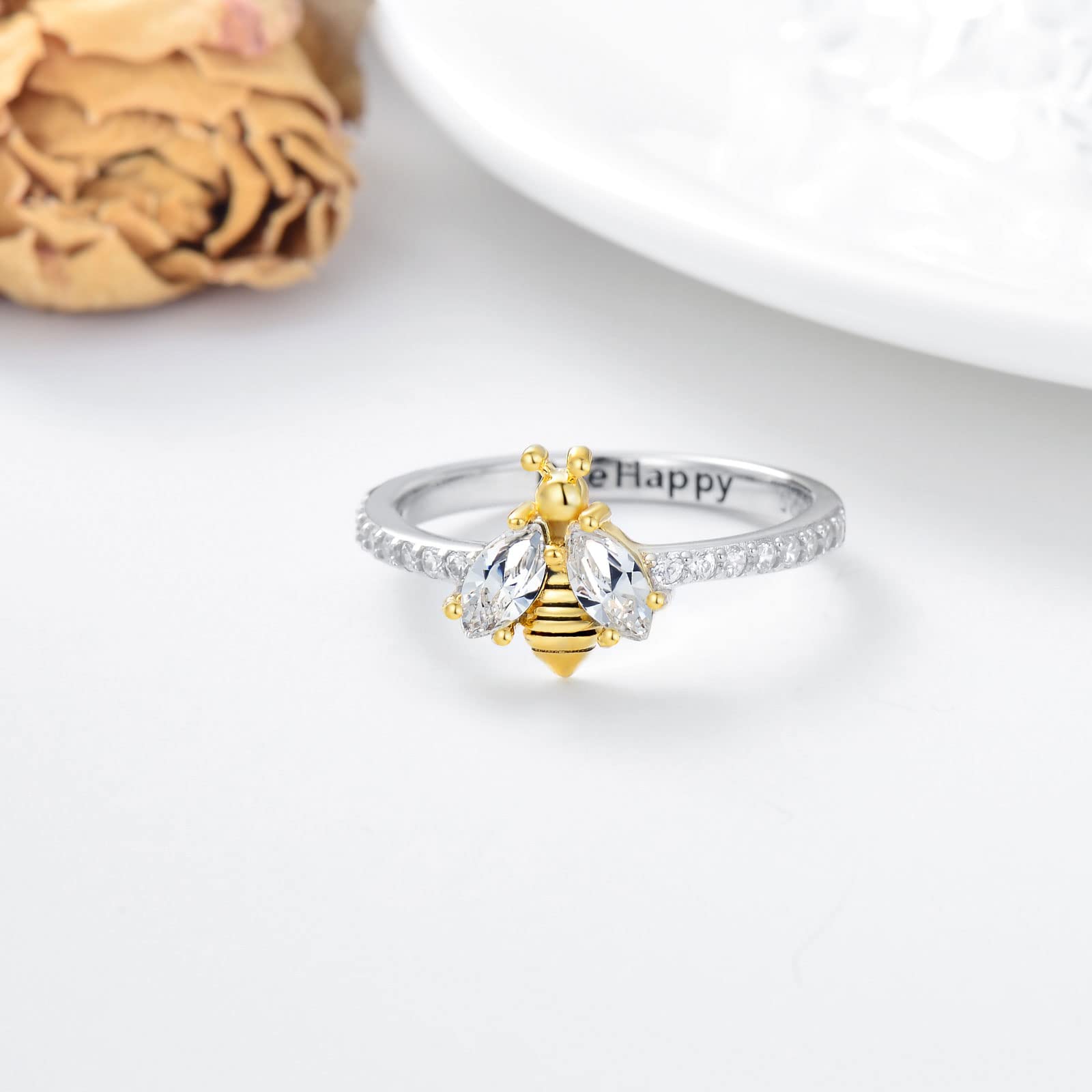 Bee Ring Sterling Silver Bee Band Ring with Crystal Promise Ring Gift for Women Teen Girl (6)