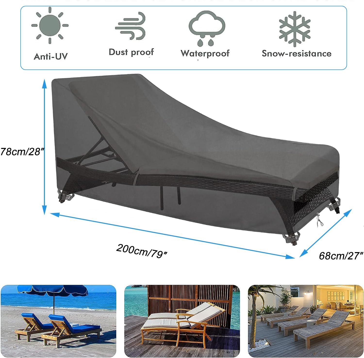 SIRUITON 2 Pack Outdoor Patio Chaise Lounge Covers Heavy Duty with Durable and Water Resistant Fabric,78" L X 27" W X 28" H,Black
