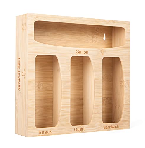 Bamboo Ziplock Bag Storage Organizer for Drawer and Wall-Mount; Gallon, Quart, Sandwich and Snack Plastic Bag Organizer; 4 Compartment Kitchen Drawer Organization and Storage for Baggies