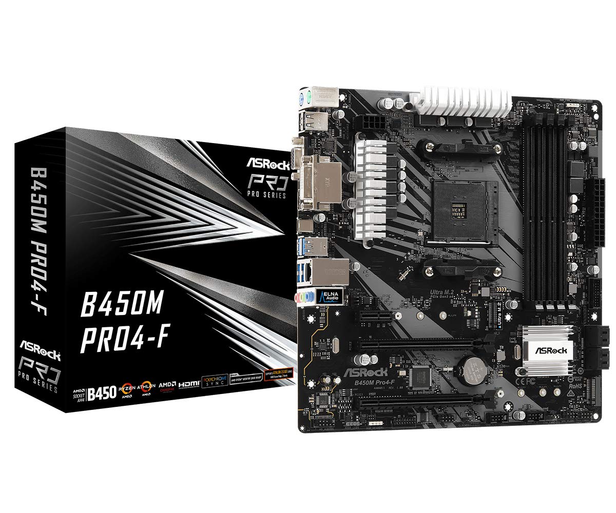 ASRock B450M PRO4-F Socket AM4/ AMD Promontory B450/ DDR4/ Quad CrossFireX/ SATA3&USB3.1/ M.2/ A&GbE/MicroATX Motherboard