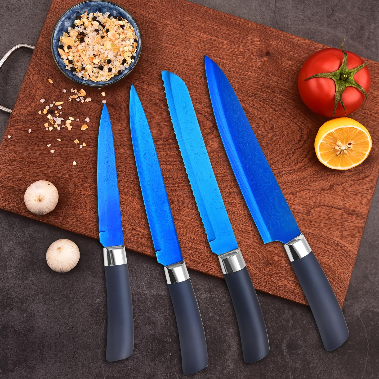 Knife Set, Kitchen Non Stick Knives Set with Block Thick Blade Cutlery Knife Block Sets with Sharpener 6pcs Steak Knife Shears Chef Sharp Quality Aluminum Alloy Block Blue Handle and Blade