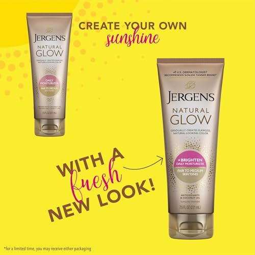 Jergens Natural Glow Self Tanner Body Lotion, Sunless Tanning, Fair to Medium Skin Tone, Daily Moisturizer with Coconut Oil, Vitamin E and Antioxidants, 7.5 Oz