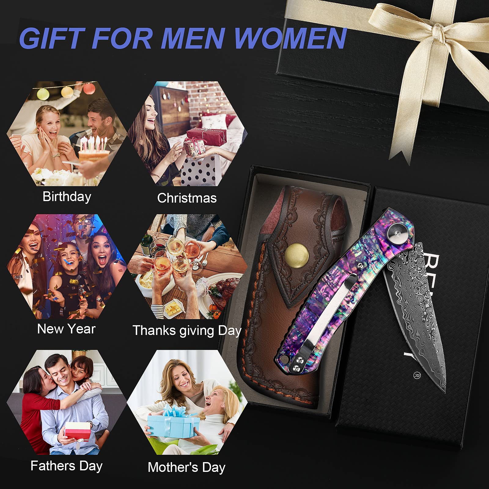 Benkey VG10 Damascus Abalone Seashells Pocket Knife 3 Pack and VG10 Damascus Natural Wood Pocket Knife Bundles