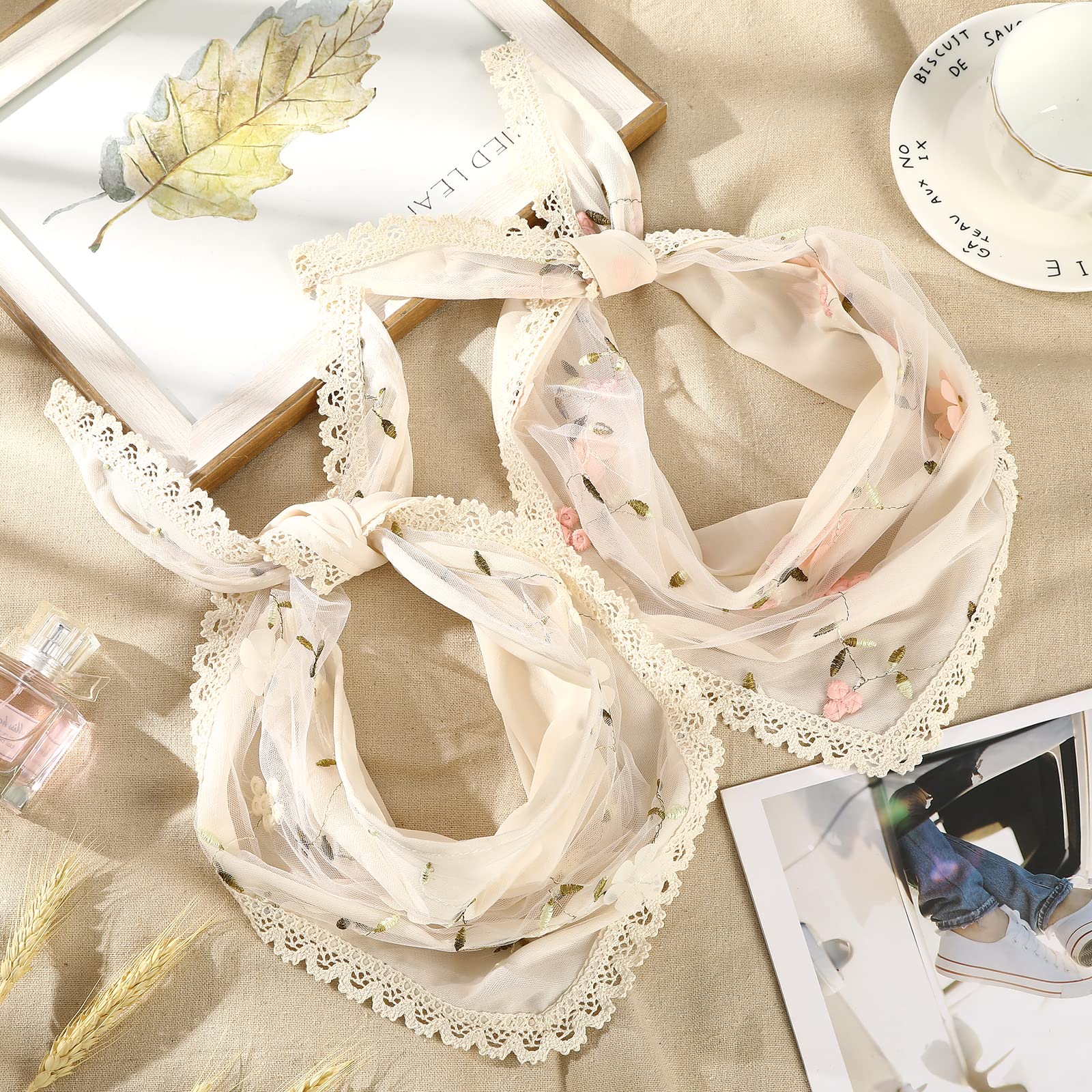 AWAYTR 2Pcs Floral Hair Bandanas Tie-back Head Kerchief for Women Flower Mesh Hair Scarves Lightweight Triangular Head Scarf (Lace trim(Beige/Pink))