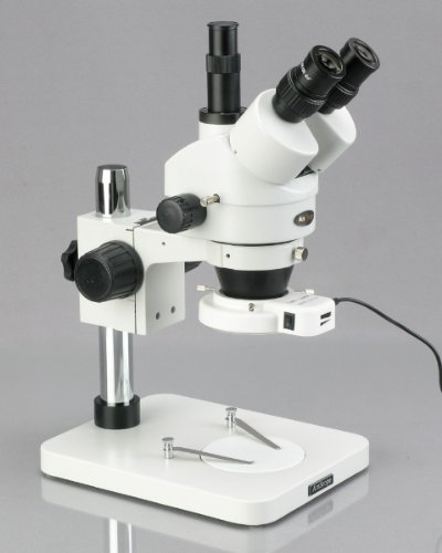 AmScope SM-1TSZZ-144S Professional Trinocular Stereo Zoom Microscope, WH10x and WH20x Eyepieces, 3.5X-180X Magnification, 0.7X-4.5X Zoom Objective, 144-Bulb LED Ring Light, Pillar Stand, 110V-240V, Includes 0.5X and 2.0X Barlow Lenses