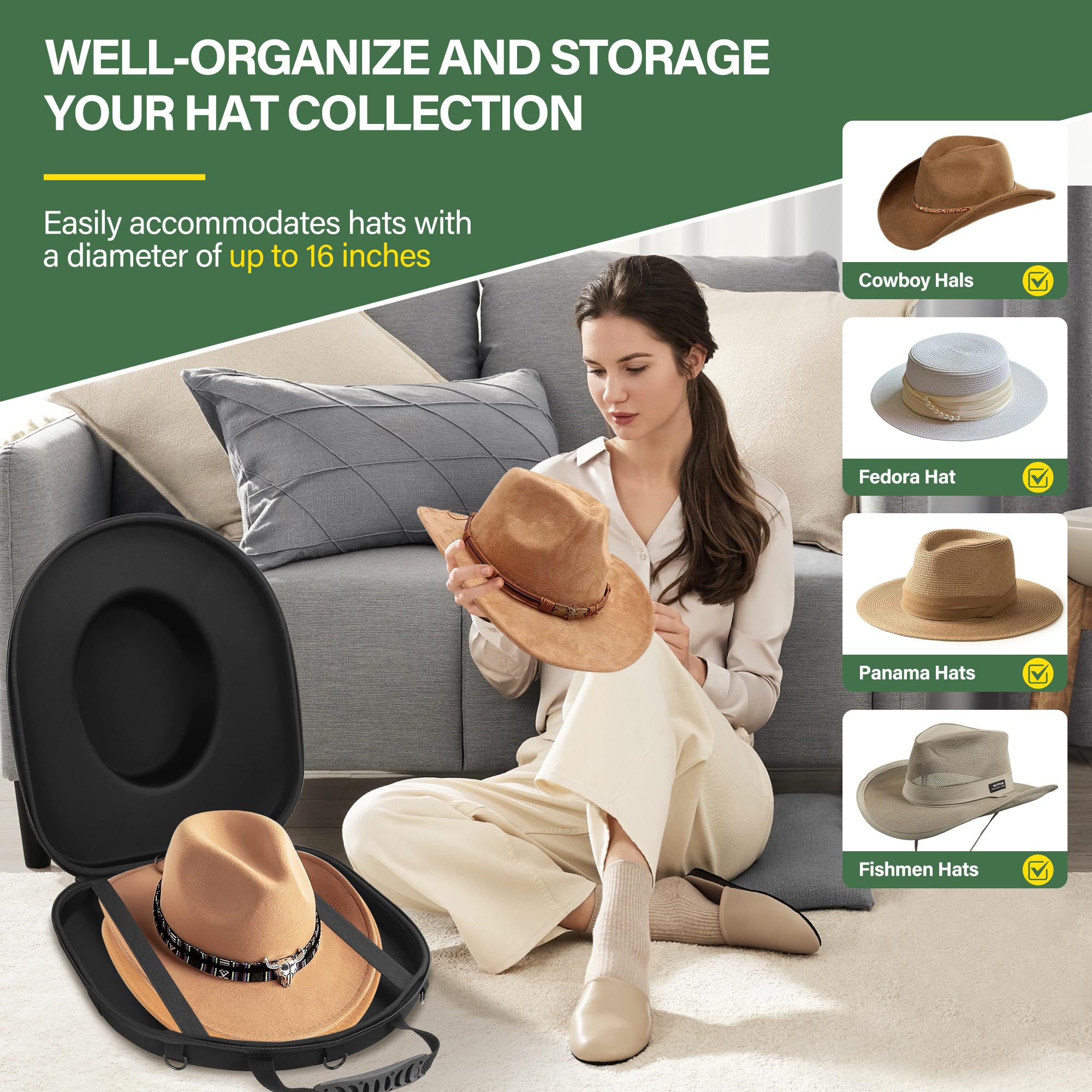 Cinati Hat Box for Travel-Crush Proof Hat Travel Case for Cowboy Hats Holder Storage Box Organizer Cap Carrier with Adjustable Carry Strap