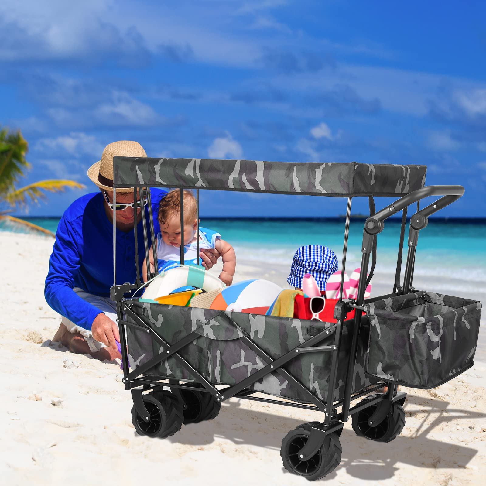 AthLike Extra Large Collapsible Wagon w/Removable Canopy, 250lbs Foldable Garden Cart w/Rear Storage, Heavy Duty Outdoor Push&Pull Utility Camping Beach Stroller w/Big Wheel&Adjustable Handles, Black