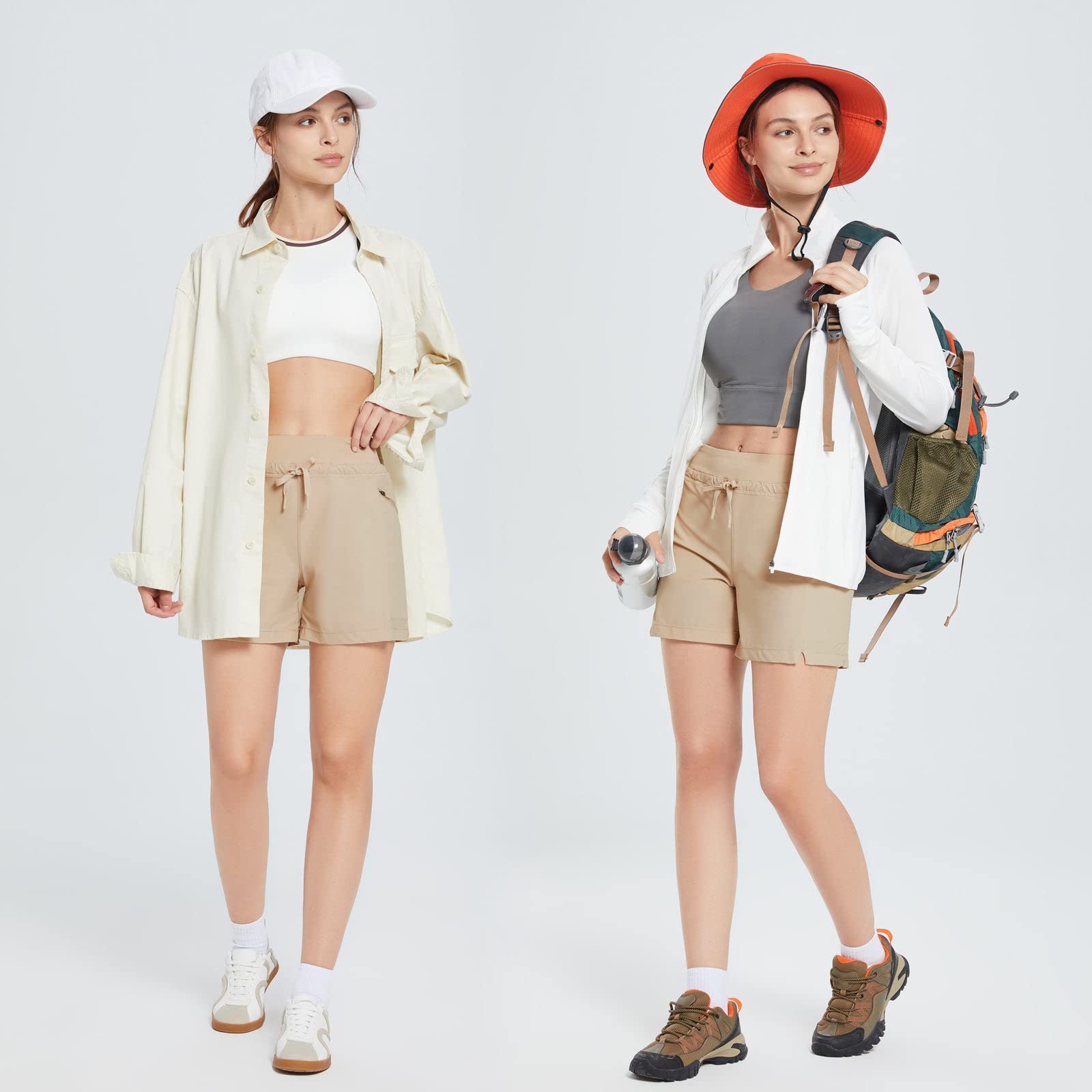 BALEAF Women's 5" Casual Shorts for Summer Stretch Elastic Waist Quick Dry Lightweight Pockets for Running Hiking Khaki Size M