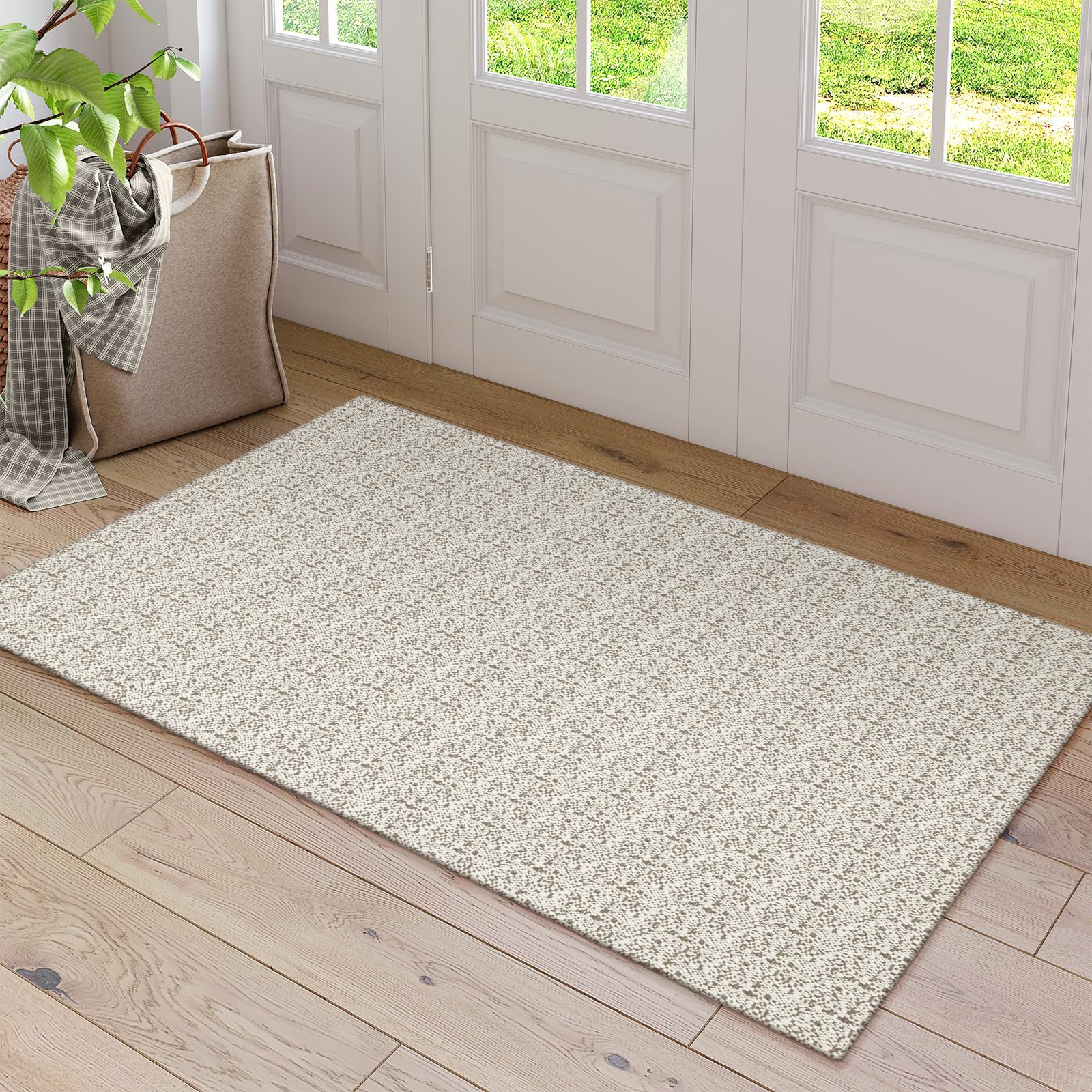 Collive Boho Washable Area Rugs 3x5 Braided Entryway Rug, Farmhouse Woven Carpet Non Slip Kitchen Rugs Rubber Backed Bedroom Rugs Neutral Area Rug Indoor Front Door Rugs for Entrance Bathroom, Tan