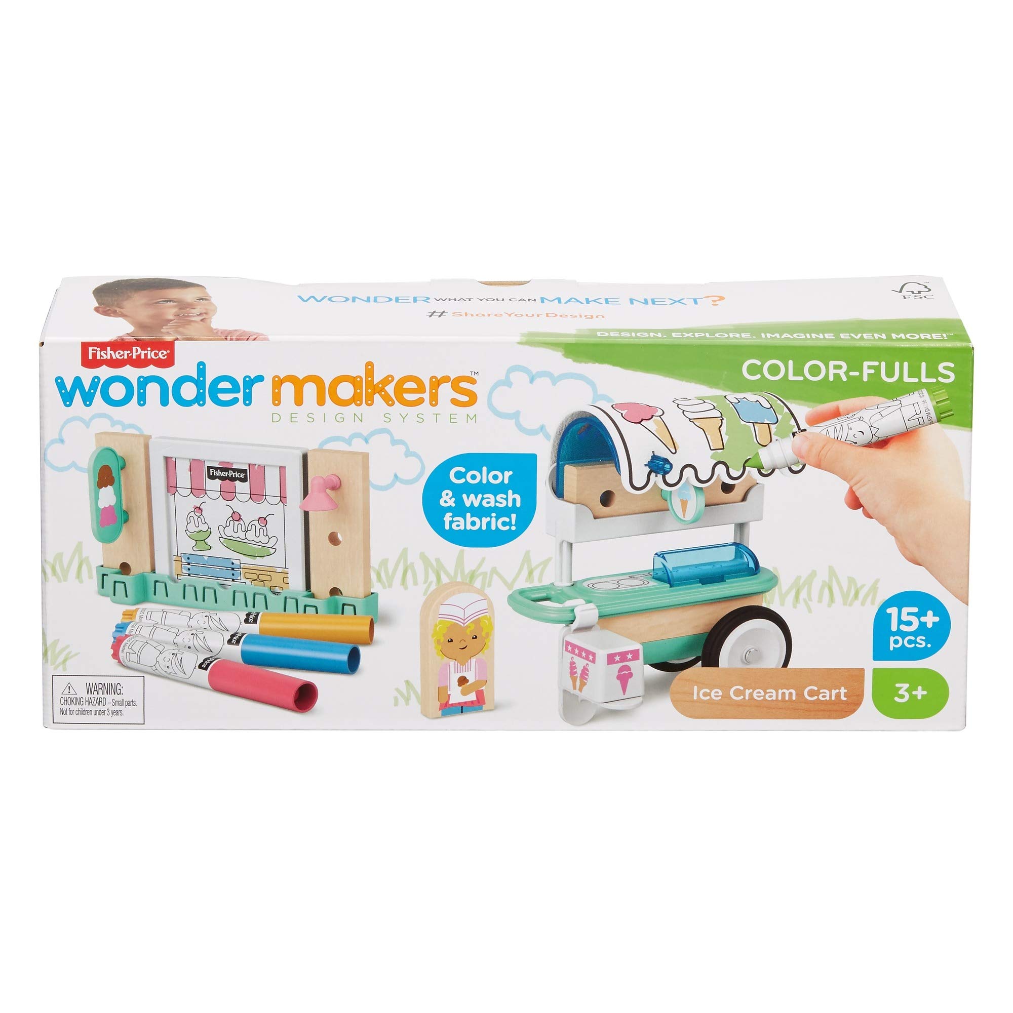 Fisher-Price Wonder Makers design system Ice Cream Cart, 15+ pieces, craftable building and track set with colorable pieces for preschool kids ages 3 years & up