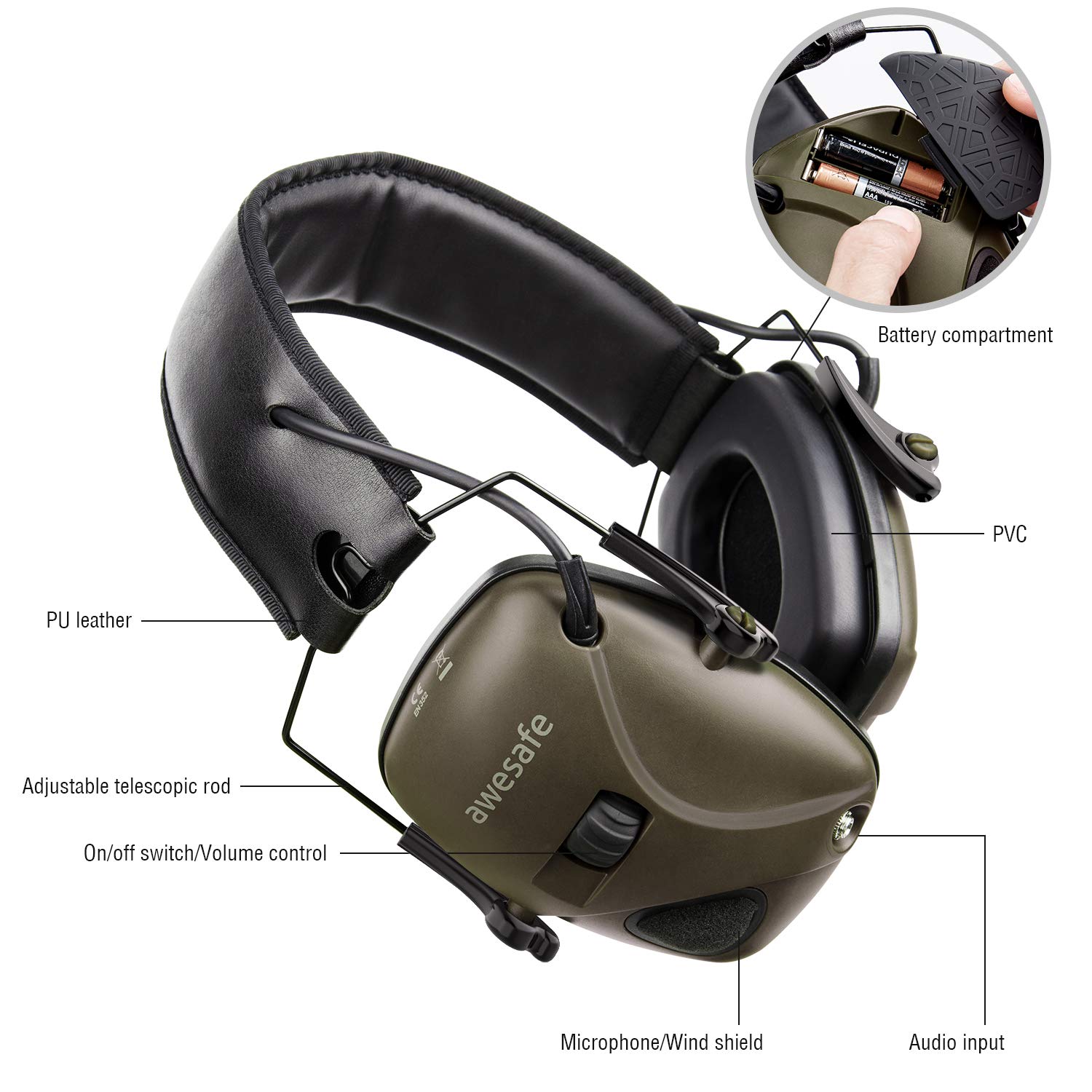 awesafeus Electronic Shooting Earmuffs, Shooting Hearing Protection with Noise Reduction Sound Amplification (Green)