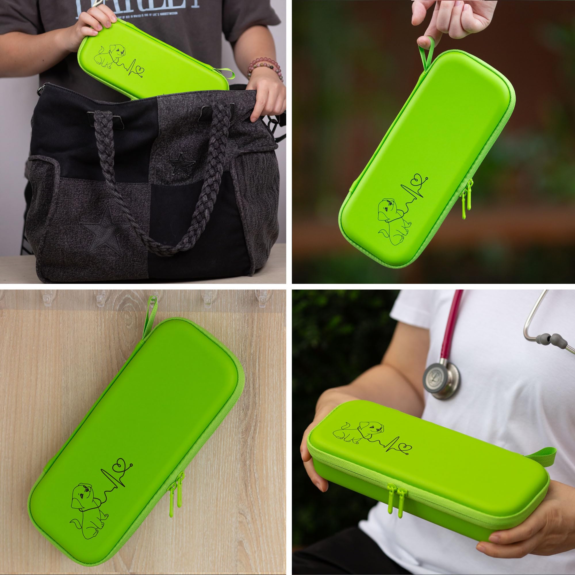 ButterFox Premium Stethoscope Case with Divider and ID Slot for 3M Littmann Classic III, Cardiology IV Diagnostic and More Stethoscopes with Pocket for Nurse Accessories (Lime_Green_Puppy)