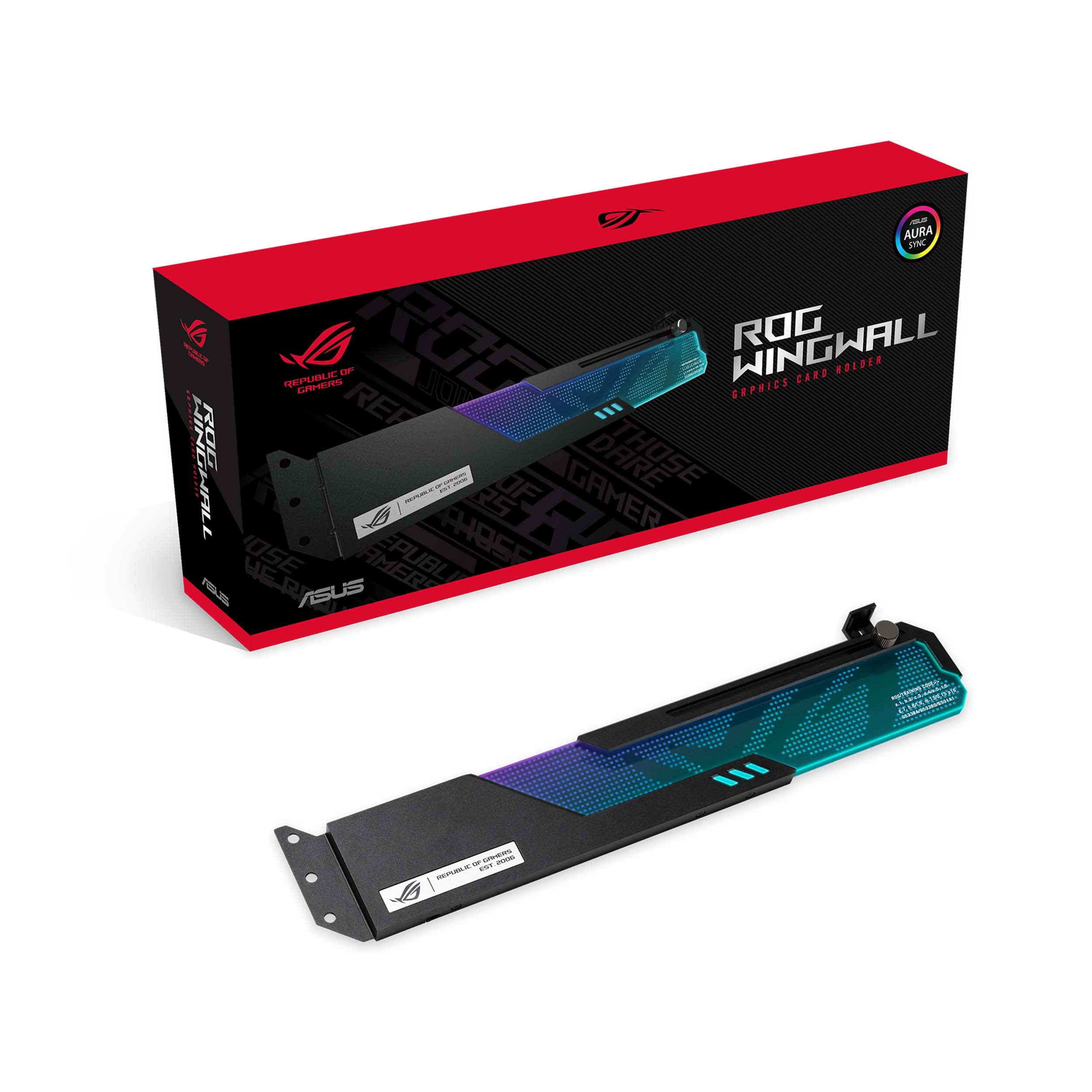 ASUS ROG Wingwall Graphics Card Holder - Easily Adjustable, Aura Sync RGB Lighting, Aluminum Structure, Customizable Acrylic Plate, Universal GPU Support
