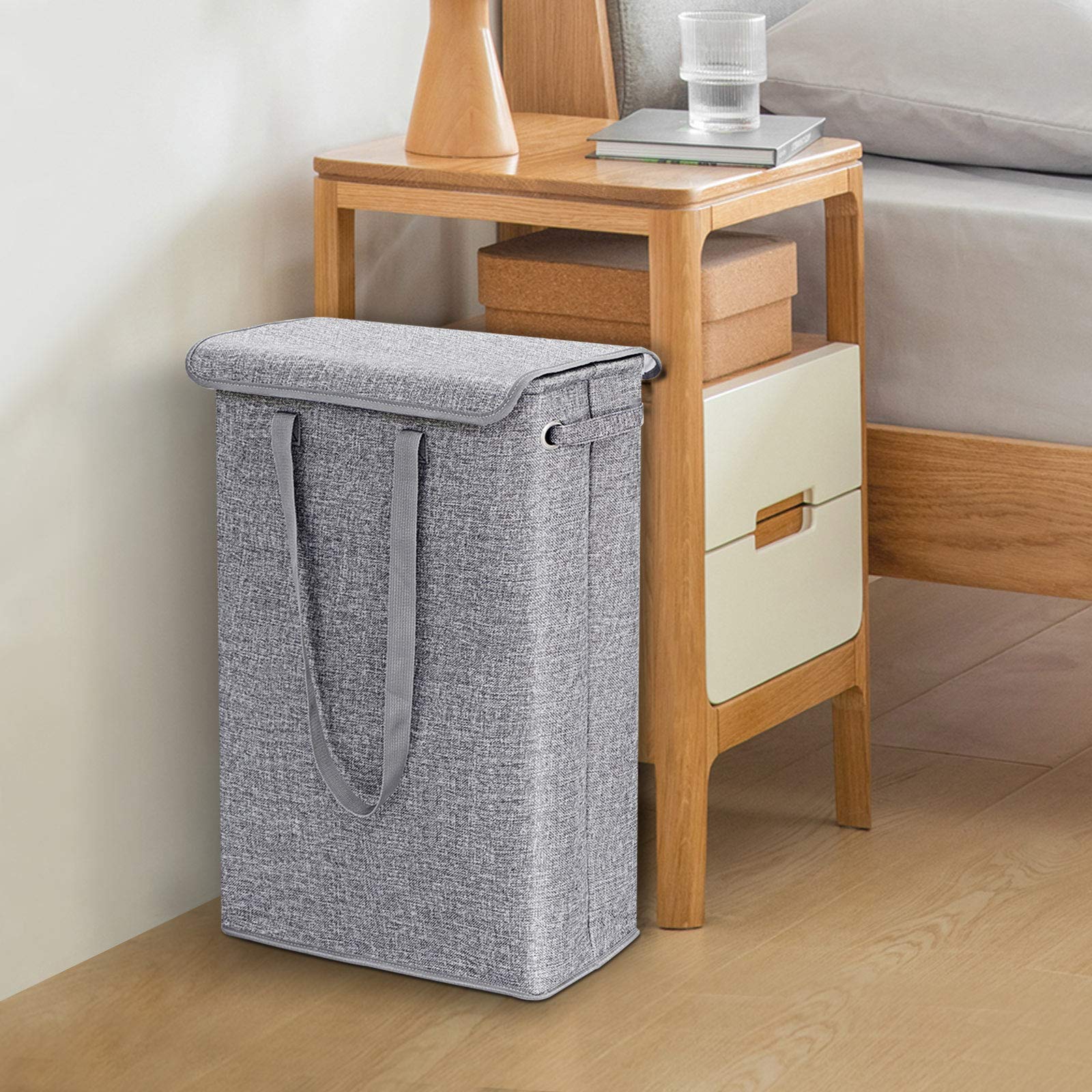 Slim Laundry Basket with Lid, Tall Thin Laundry Hamper with Handles, Waterproof Lining Narrow Dirty Clothes Hamper for Bathroom Bedroom Dorm Nursery Organization Storage (45L, Dark Grey)