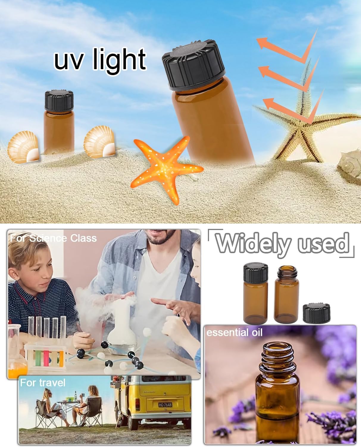 JIUWU 0.3 Oz 10 mL Amber Small Glass Vials, Liquid Sampling Glass Bottles Clear Vials Screwcap Lab Container, Pack of 50