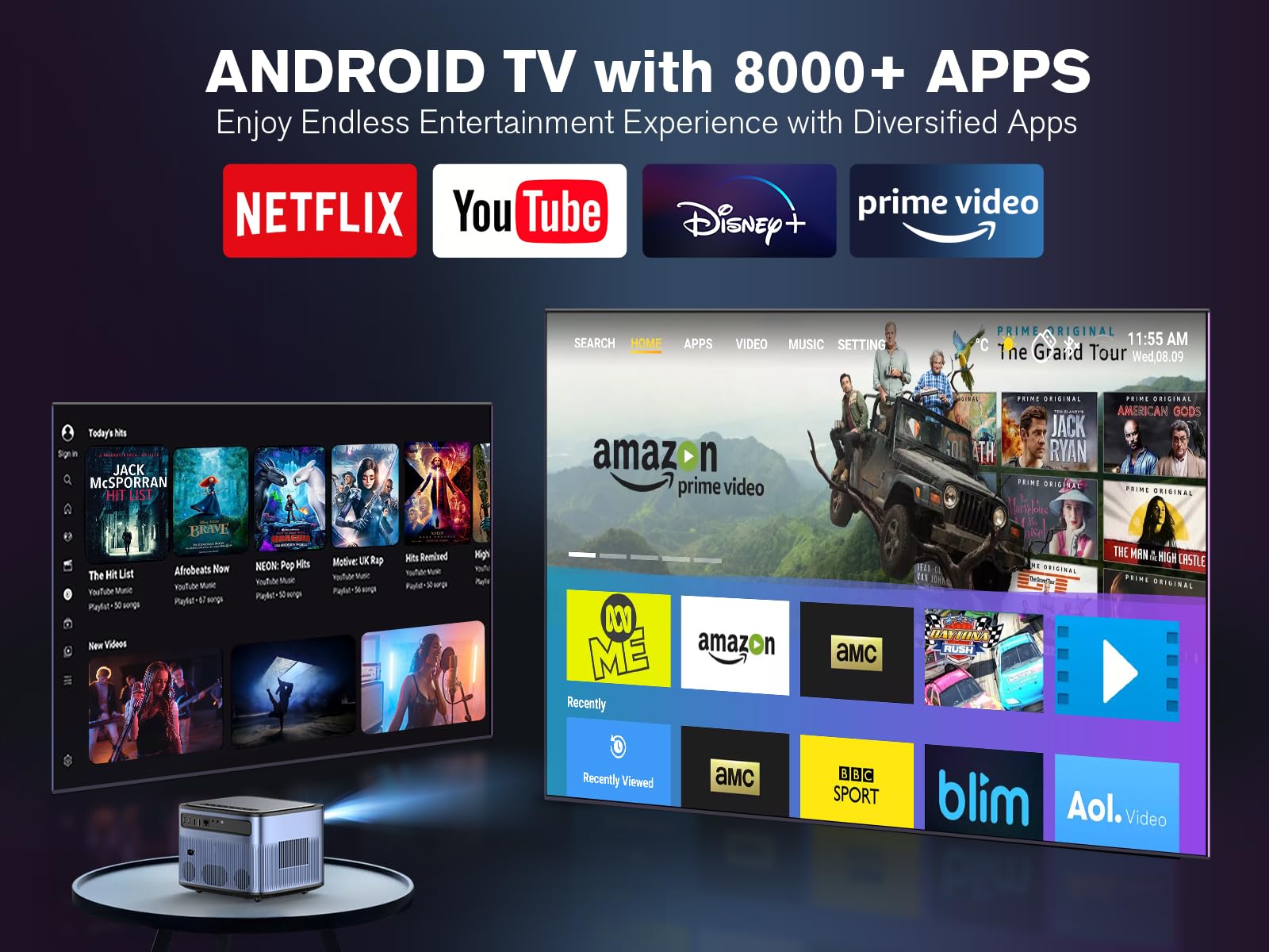 Android TV Projector 1920 x 1080P with Netflix Built in, VIZONY 800ANSI 5G WiFi Bluetooth Outdoor Projector, FHD Home Movie Projector with 4P4D/Zoom/PPT Compatible Phone/Laptop, 8000+ Apps