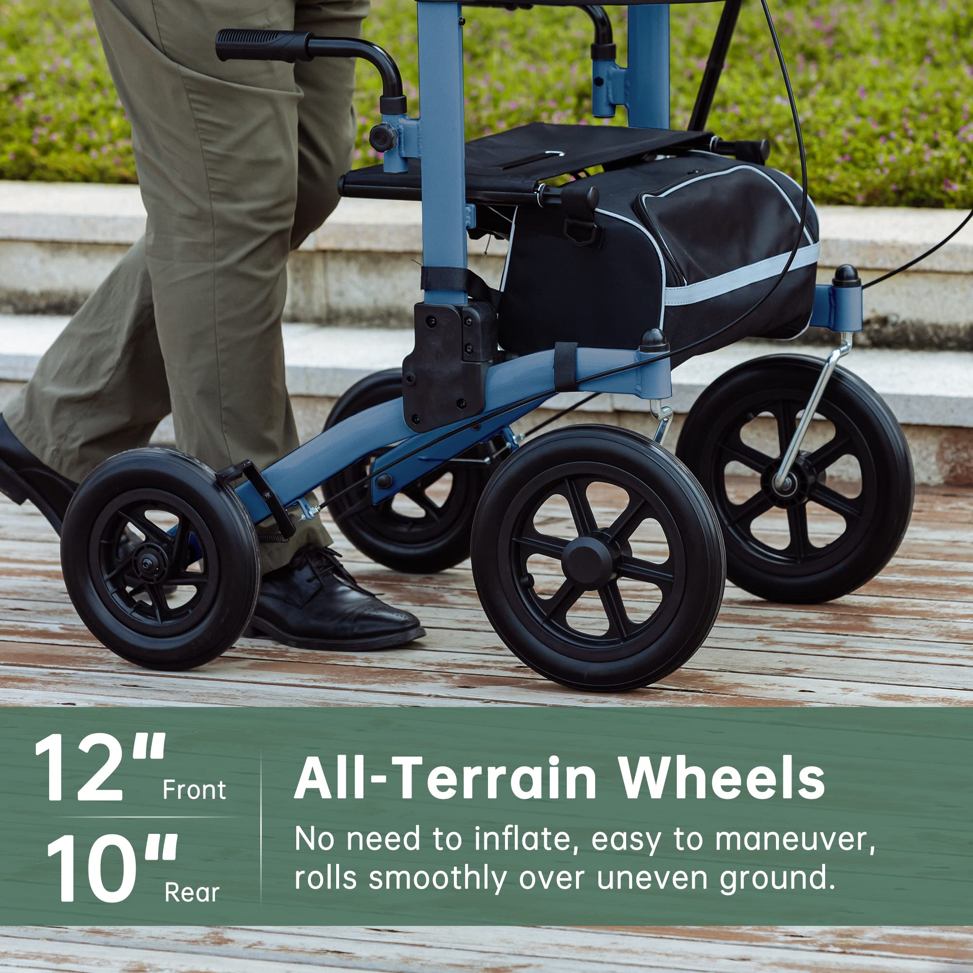 BEYOUR WALKER All-Terrain Upright Rollator Walker, Stand Up Rolling Walker with Non-Pneumatic Tire 12” Front Wheels, Compact Folding for Seniors, Blue