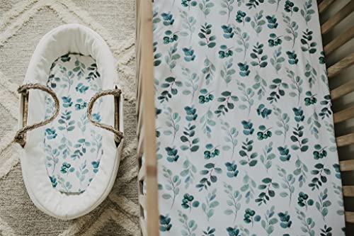NODNAL CO. 3 Fitted Bassinet Sheets Leafy Set - 100% OEKO-TEX Cotton for Baby Girl/Boy - Gender Neutral Leaves, Floral Eucalyptus Greenery - Cradle/Moses Basket Hourglass Oval Rectangle Mattress Sheet