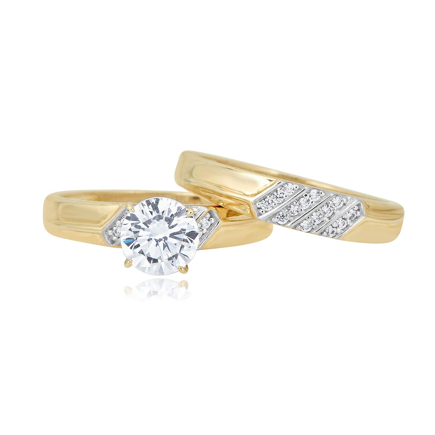 AVORA 10K Yellow Gold 1.25 Carat Simulated Diamond CZ Slant Striped Anniversary Bridal Engagement Wedding Band Ring Set - Size 8
