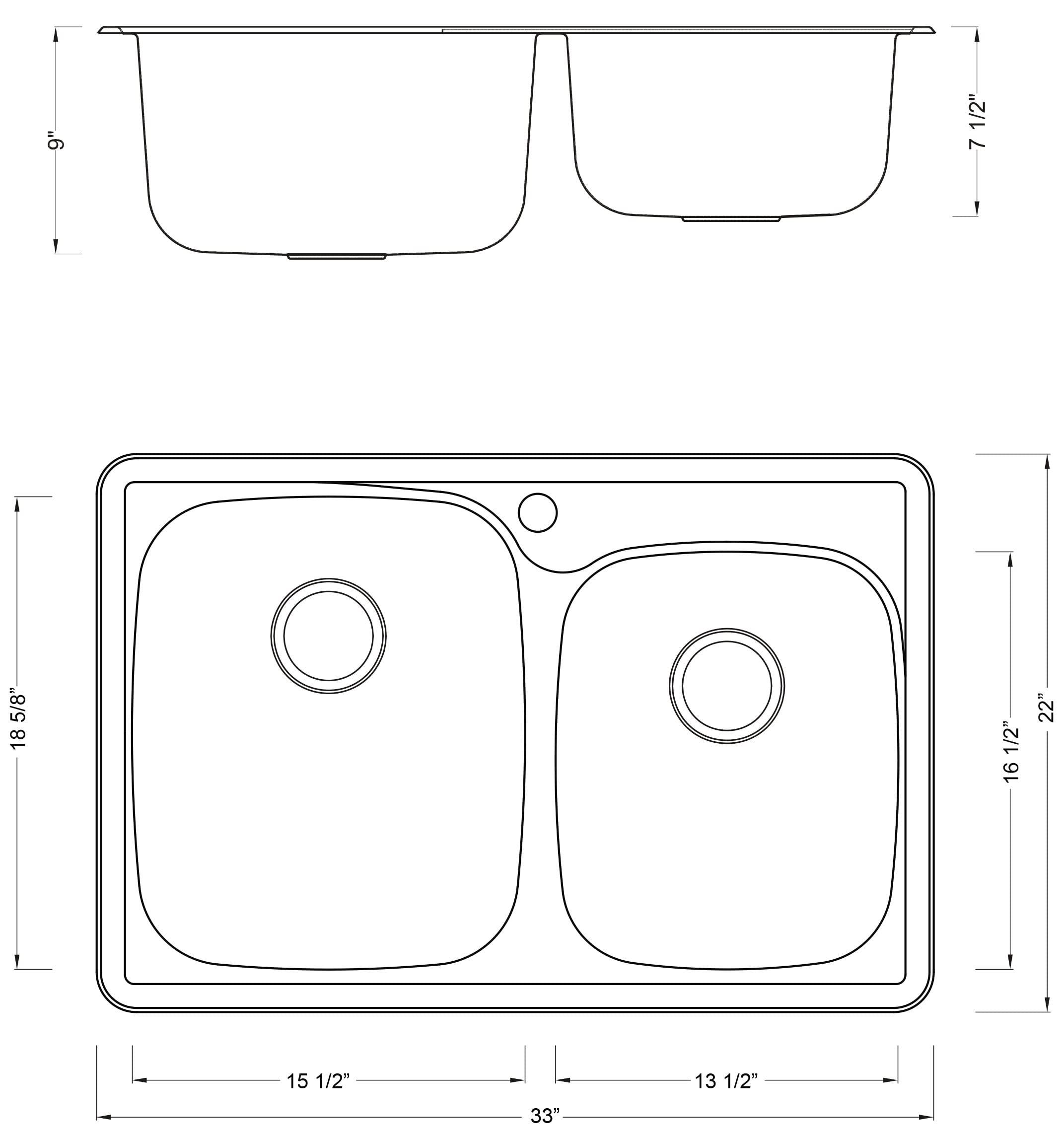 CozyBlock 33 x 22 x 9 Inch 60/40 Offset Top-mount/Drop-in Stainless Steel Double Bowl Kitchen Sink with Strainer and Protective Bottom Grid - 18 Gauge Stainless Steel-3 Faucet Hole