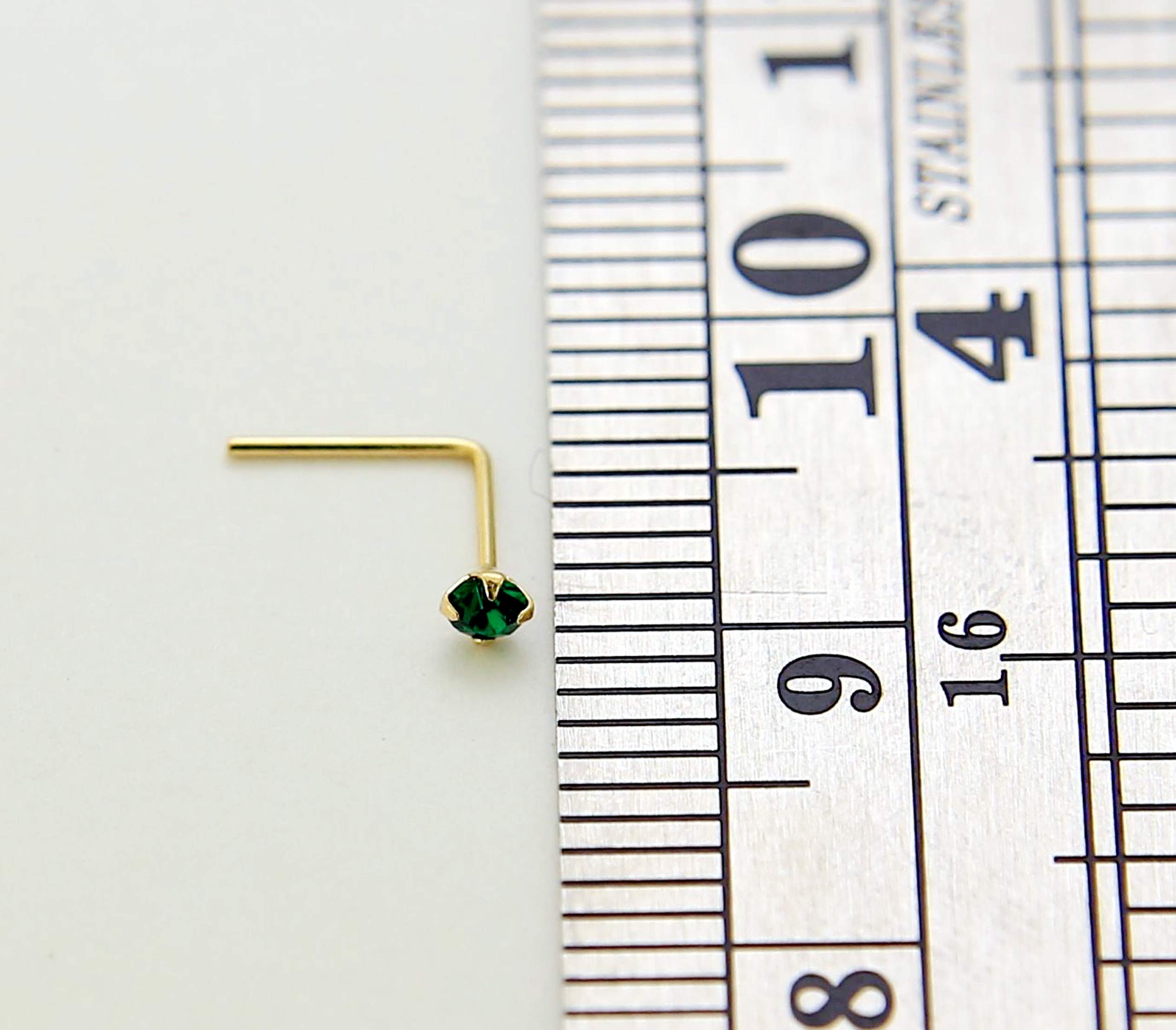 AtoZ Piercing - 9K Solid Yellow Gold Claw Set 2MM Emerald Green Crystal Stone 22 Gauge L Bend Nose Stud Piercing Jewelry