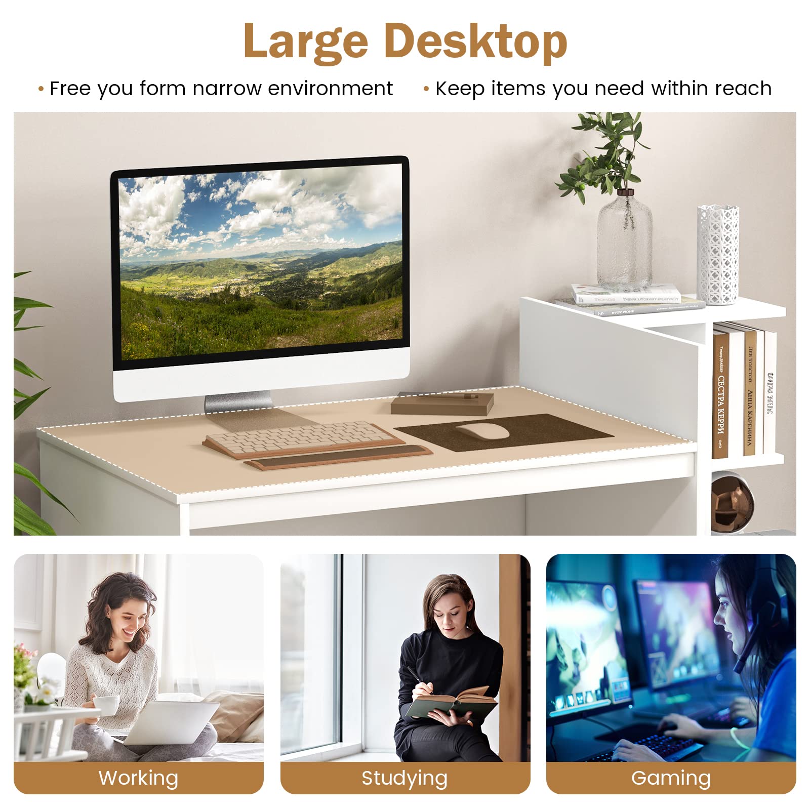 Tangkula White Desk with 2 Storage Drawers & Bookshelf, Home Office Desk with Corner Bookshelf & Printer Stand, Small Writing Study Desk for Small Space, Modern Vanity Table for Bedroom (White)