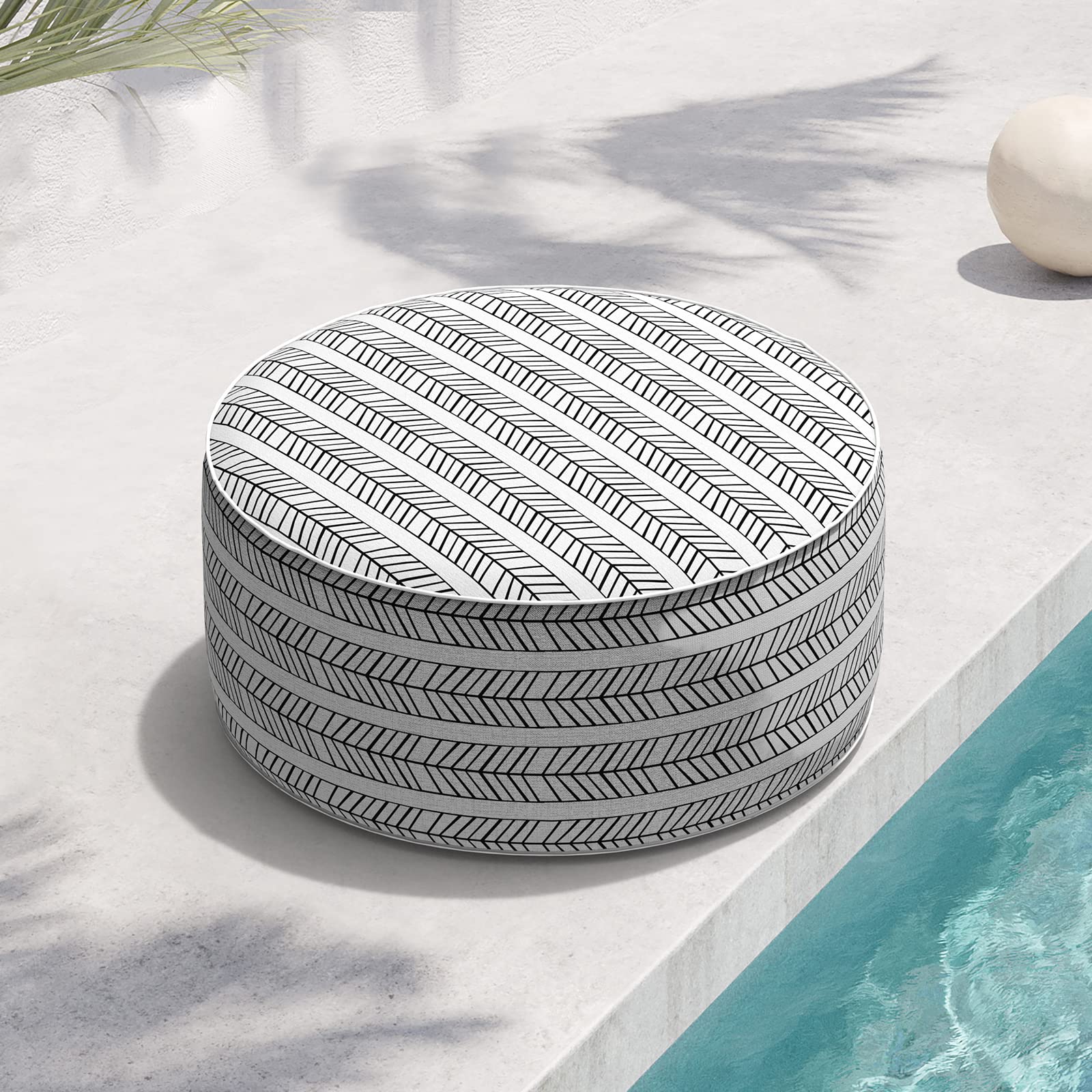 TWLEAR Indoor/Outdoor Inflatable Ottoman D21 x H9 inch, Round Footstool Inflatable Foot Rest Ottoman with Handle, Portable Ottoman Pouf for Patio, Garden, Camping, Home, Herringbone Black White
