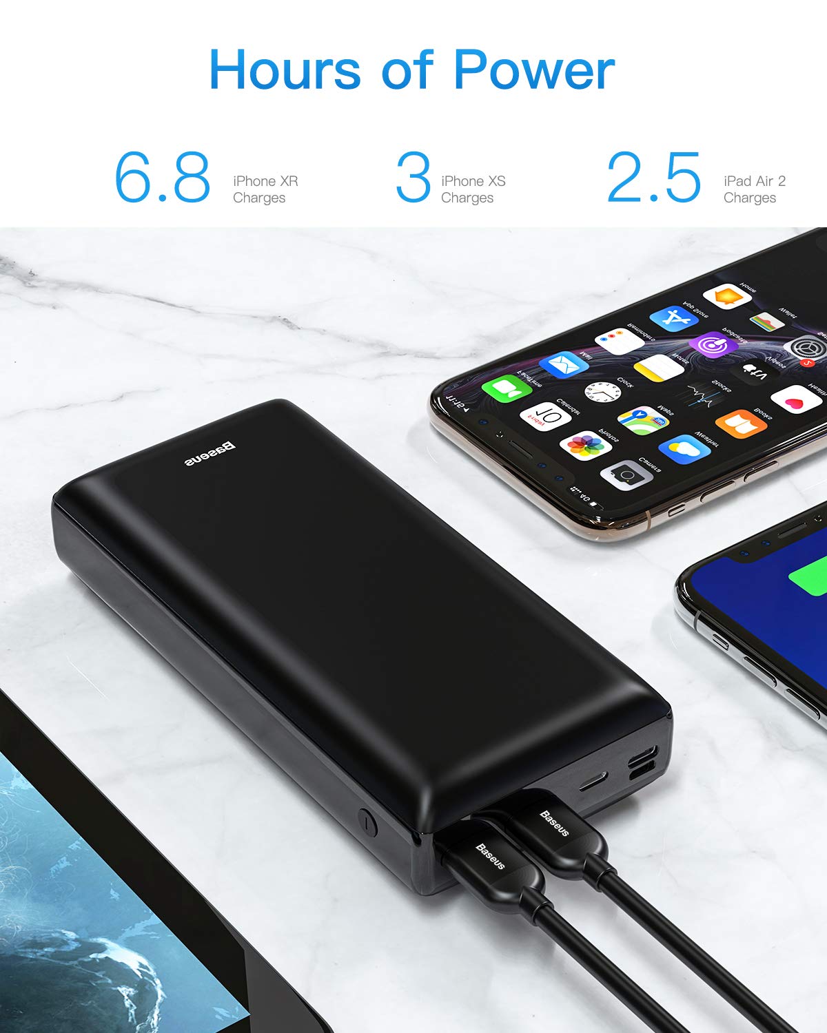 Baseus Power Bank 30000mah, USB C Fast Charging 3A Portable Charger, 3 Output Ports Battery Pack Phone Charger for iPhone, IPad, Mac, Samsung Galaxy, Pixel and airpods. (Black)
