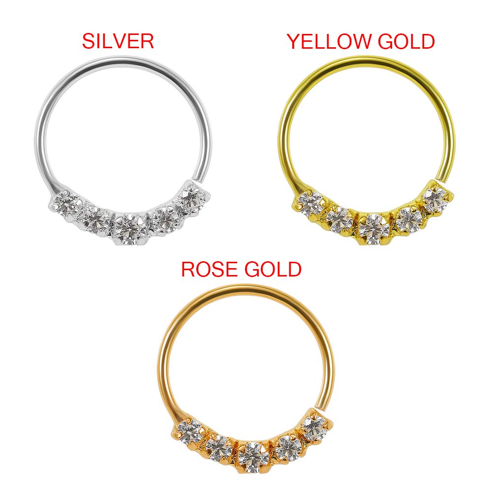 AtoZ Piercing Silver Plated Five Crystal Stone Paved 22 Gauge (0.6MM) - 8mm Diameter 925 Sterling Silver Open Hoop Nose Ring Jewelry