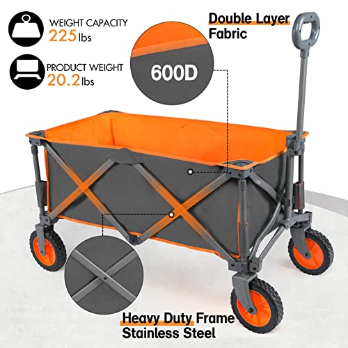 Portal Collapsible Folding Wagon, Push Pull Foldable Beach Wagon Cart with All-Terrain Wheels, Heavy Duty Utility Grocery Wagon for Outdoor Camping Garden Sport Shopping, Holds 225 lbs, Grey/Orange