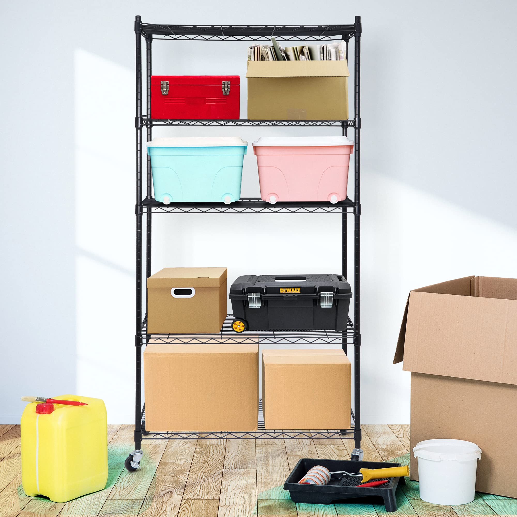 ZENY 5-Shelf Heavy Duty Shelving Storage Unit with Casters, Metal Organizer Wire Rack for Kitchen, Office, Garage, Black