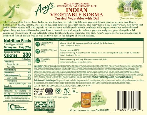 Amy's Frozen Meals, Indian Vegetable Korma, Made With Basmati Rice, Organic Vegetables, Gluten Free Microwave Meals, 9.5 Oz