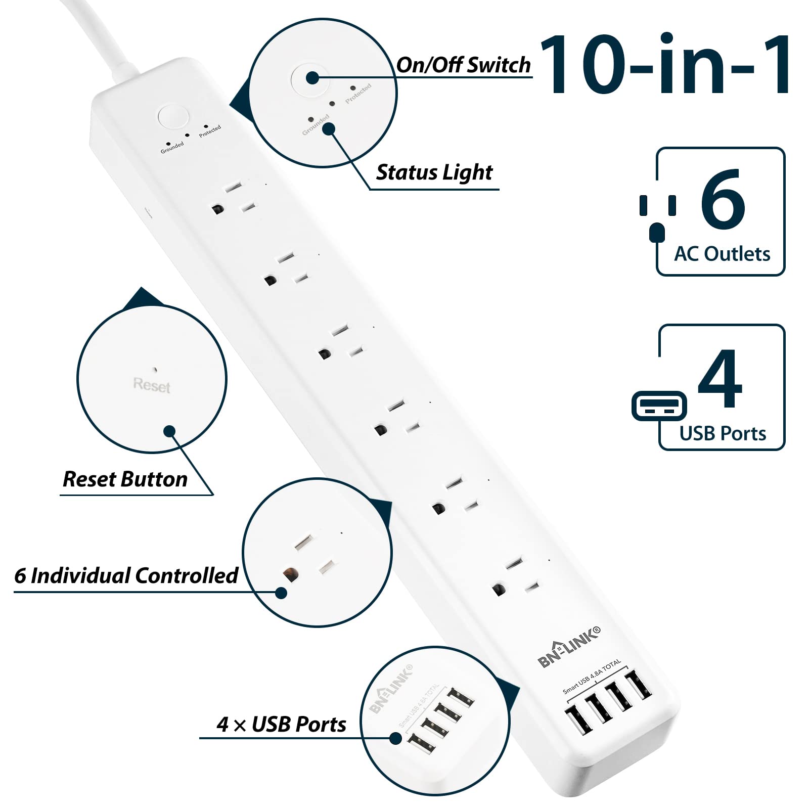 BN-LINK 8 Outlet Surge Protector with Mechanical Timer (4 Outlets Timed, 4 Outlets Always On),6.6FT Extension Cord Flat Plug, White Surge Protector Power Strip with 6AC Outlets 4 USB Ports