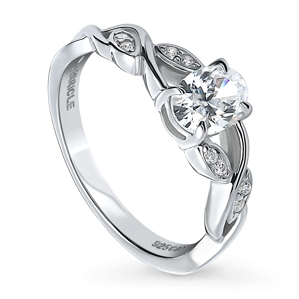 BERRICLE Sterling Silver Leaf Wedding Engagement Rings Cubic Zirconia CZ Solitaire Ring for Women, Rhodium Plated Size 7