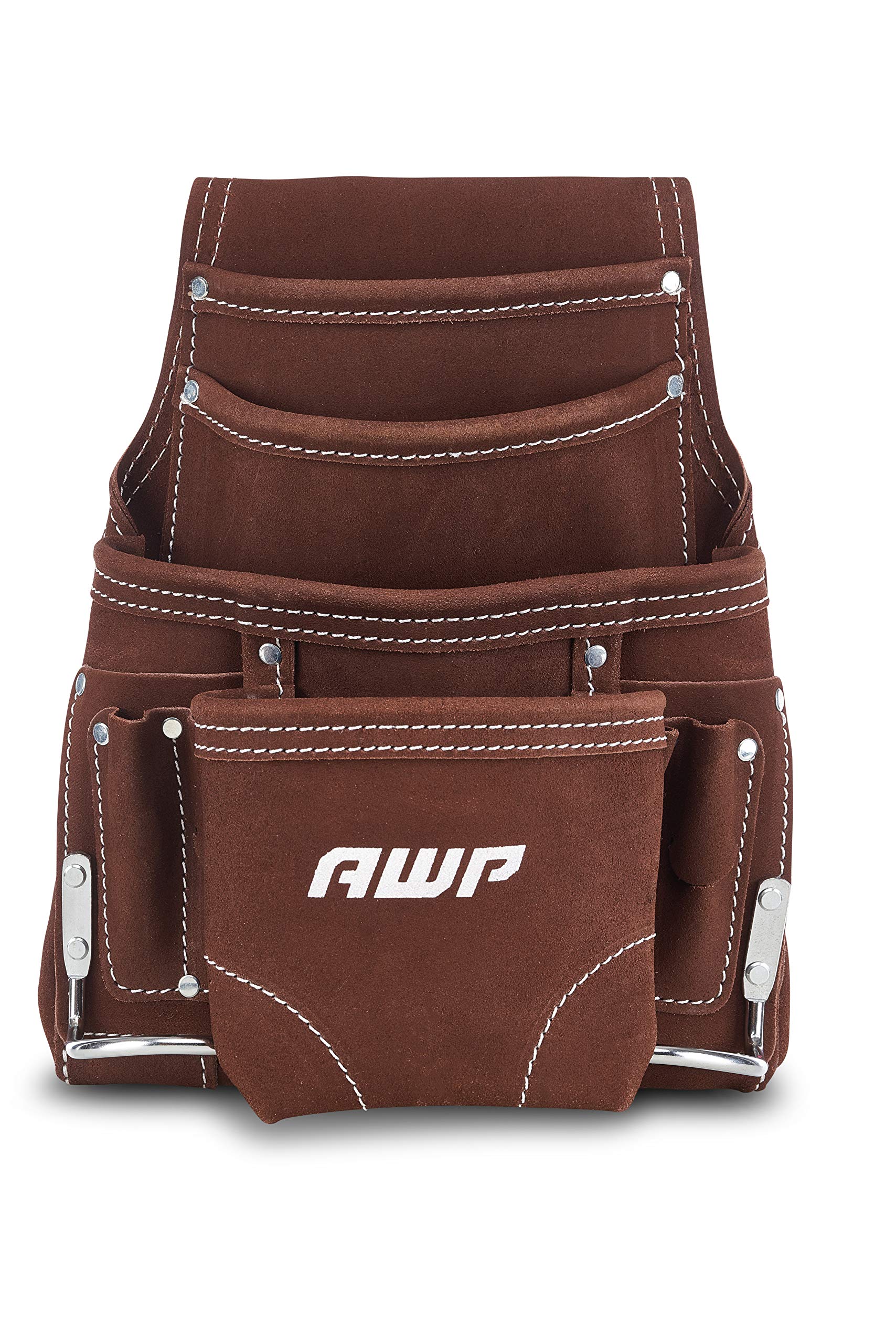 AWP 10-Pocket Suede Tool Pouch | Durable General Construction Leather Tool Pouch | Brown
