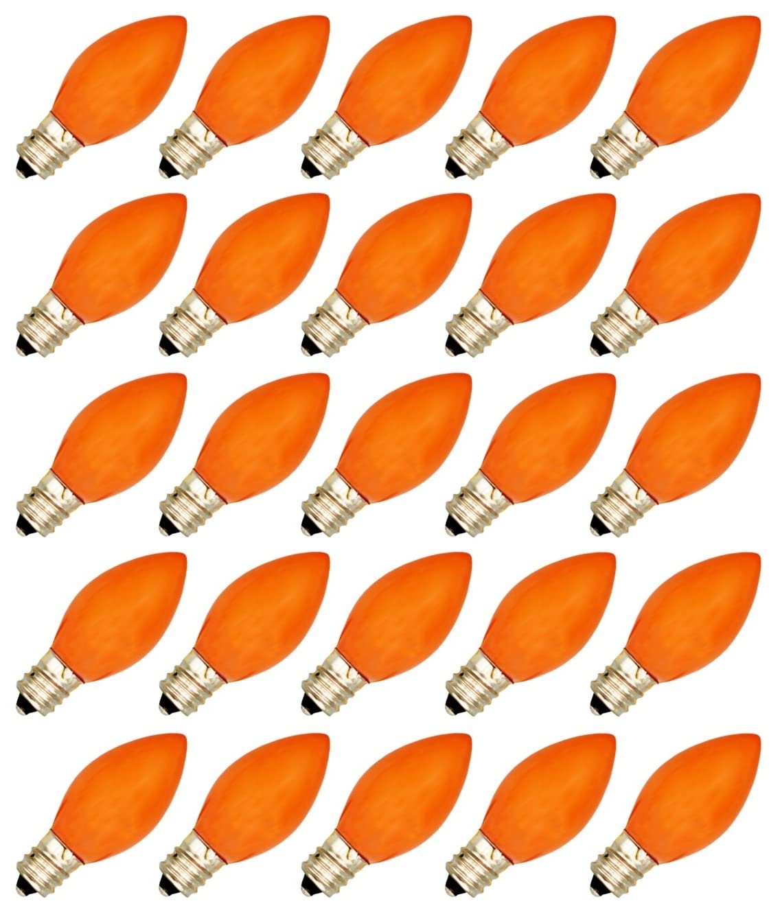 Creative Hobbies® Box of 25 Light Bulbs, Ceramic Opaque Orange, Steady Burning, 7 Watt Incandescent, C7 Candelabra Base - Great for Christmas Strings and Halloween
